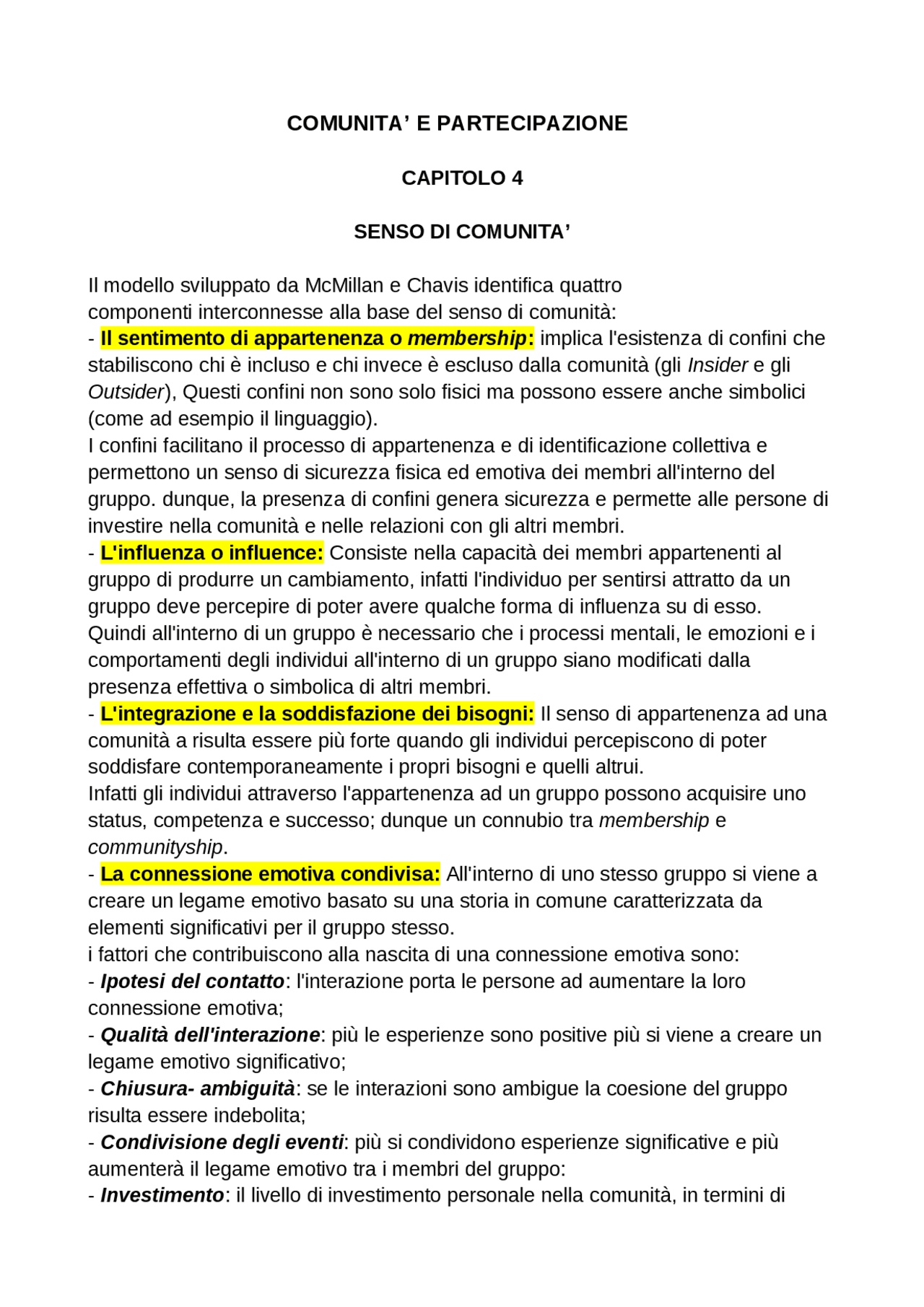Riassunto Comunità E Partecipazione Capitoli 4 5 6 Docsity