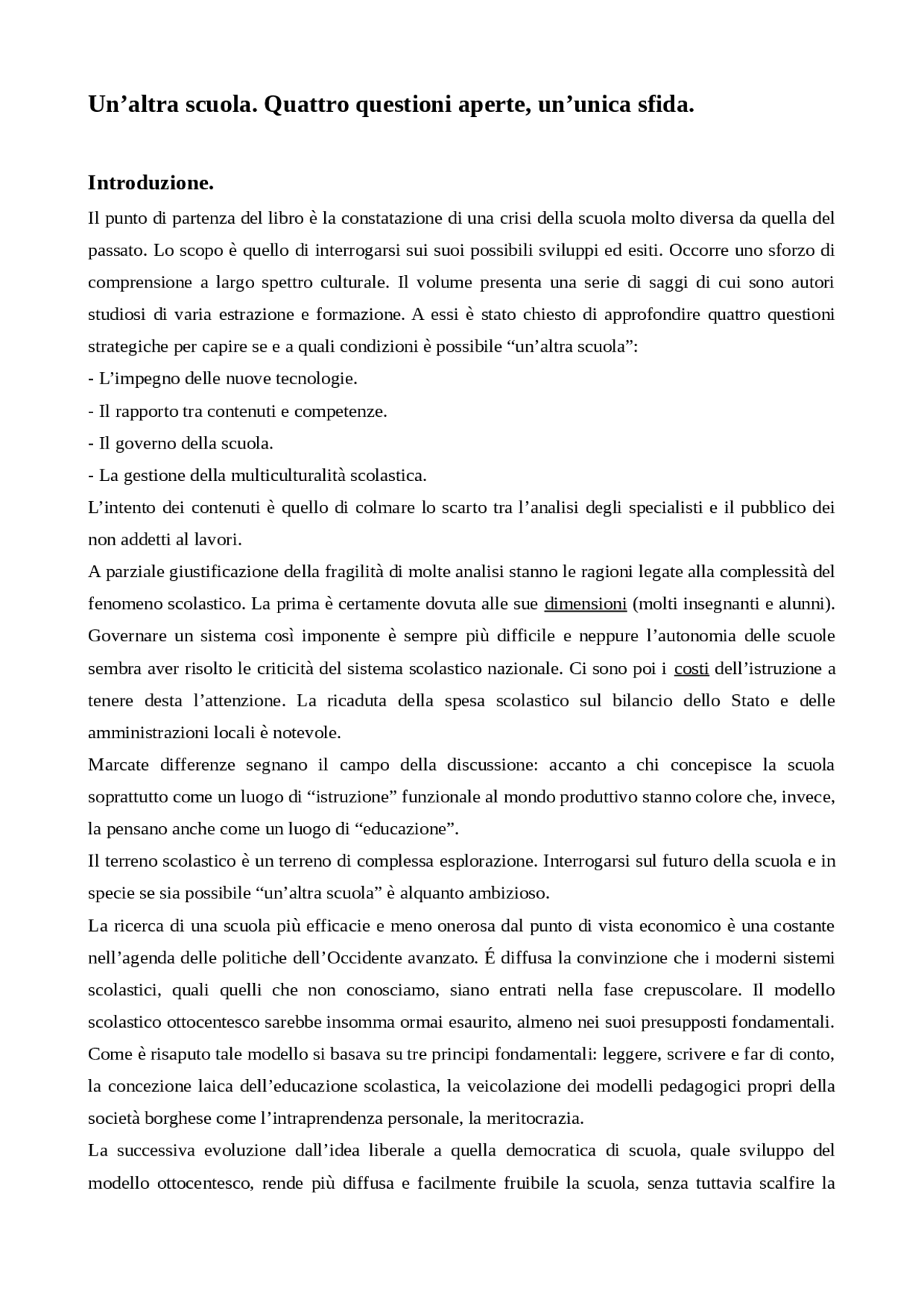 Riassunto Unaltra Scuola Docsity