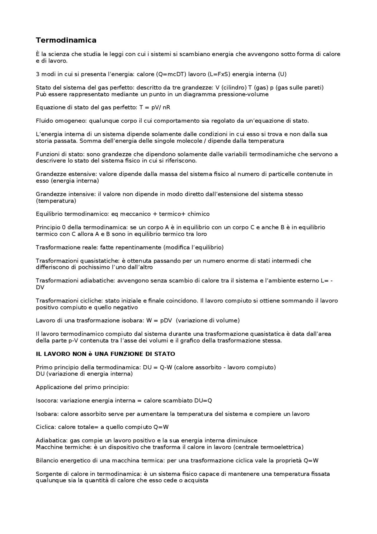Termodinamica Riassunto Sintesi Del Corso Di Fisica Docsity