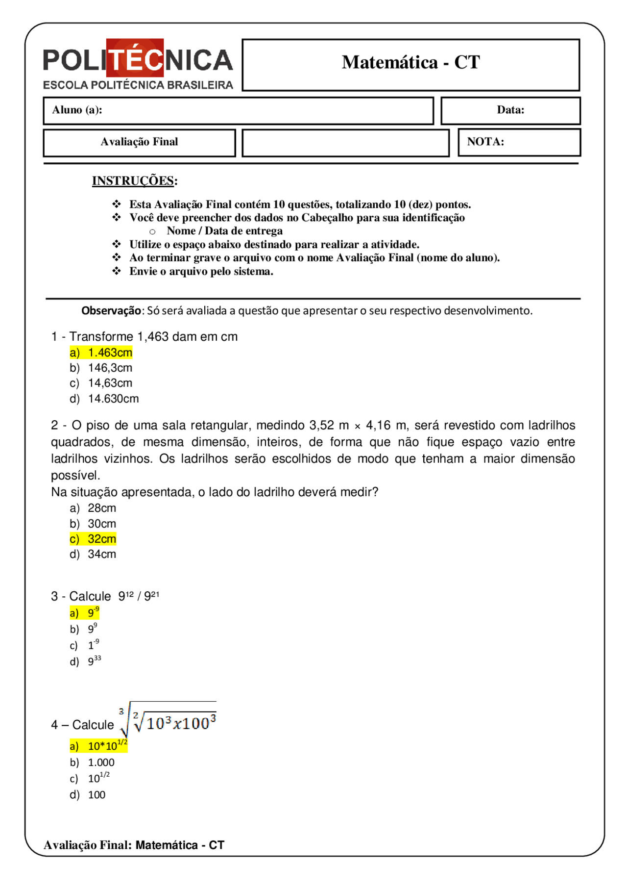 Avaliacao Final Matematica Provas Matemática Docsity