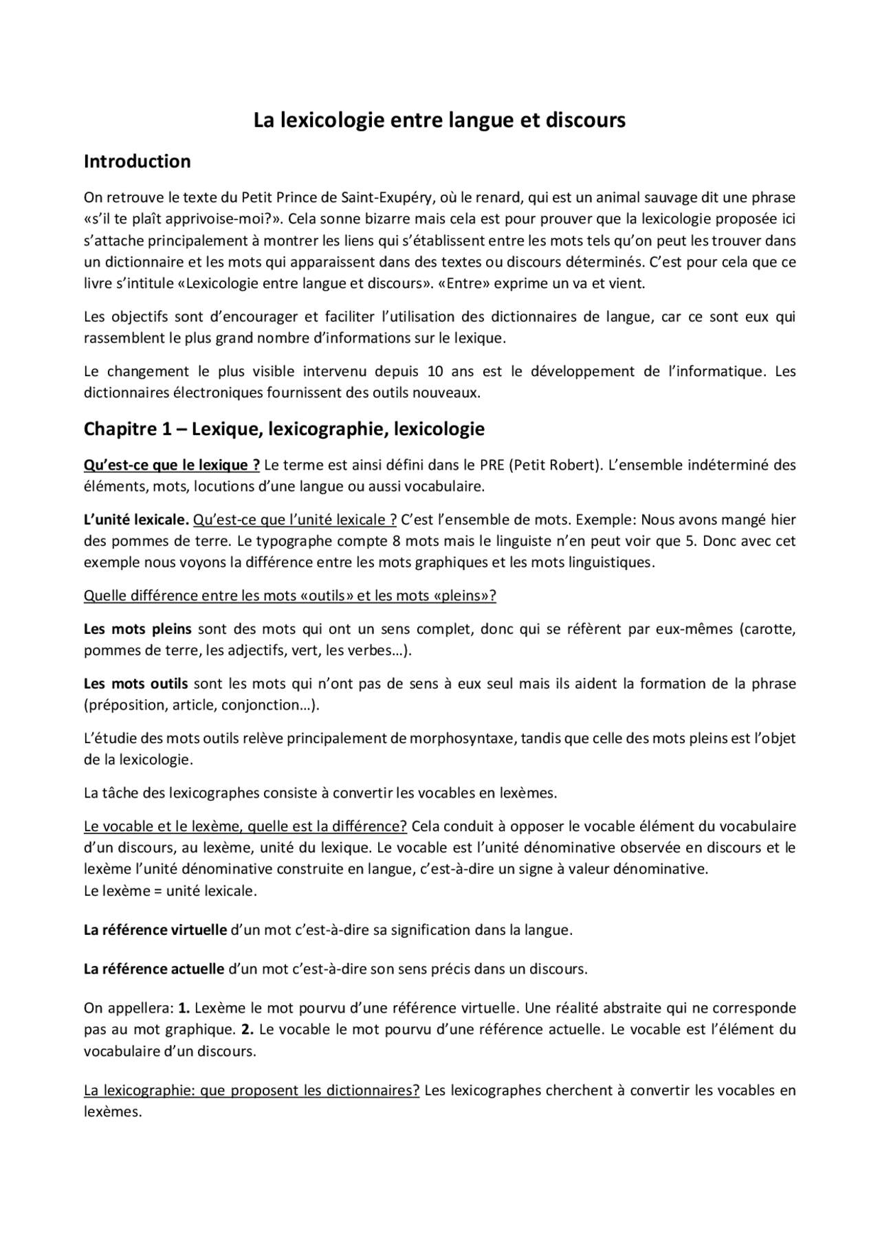 Riassunto La Lexicologie Entre Langue Et Discours Docsity