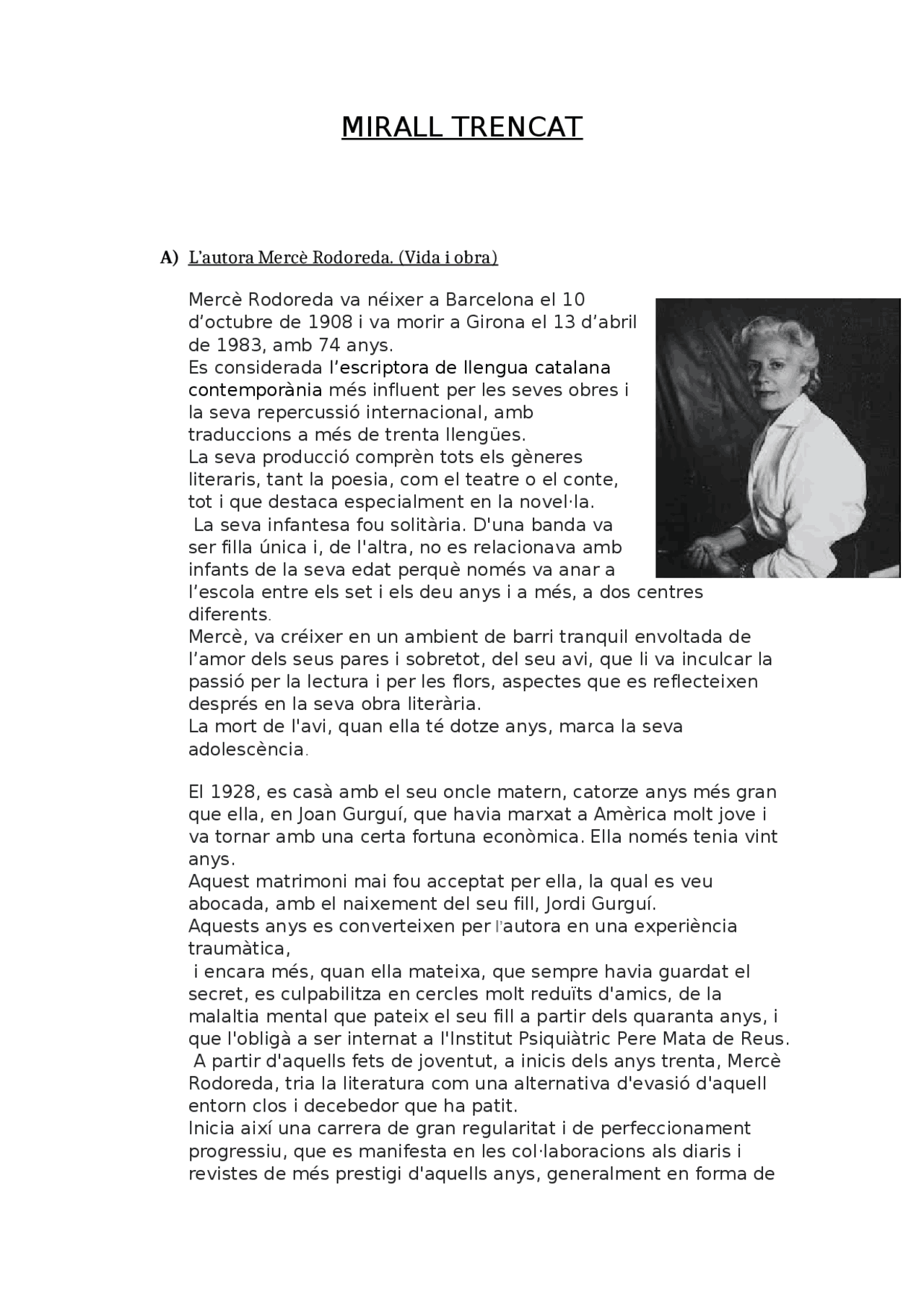 Mirall Trencat MercÈ Rodoreda Docsity