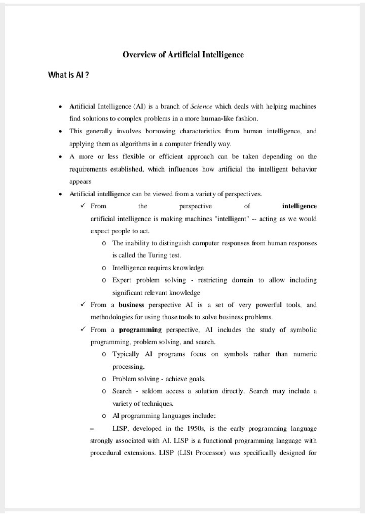 Artificial intelligence 1 | Study notes Artificial Intelligence - Docsity