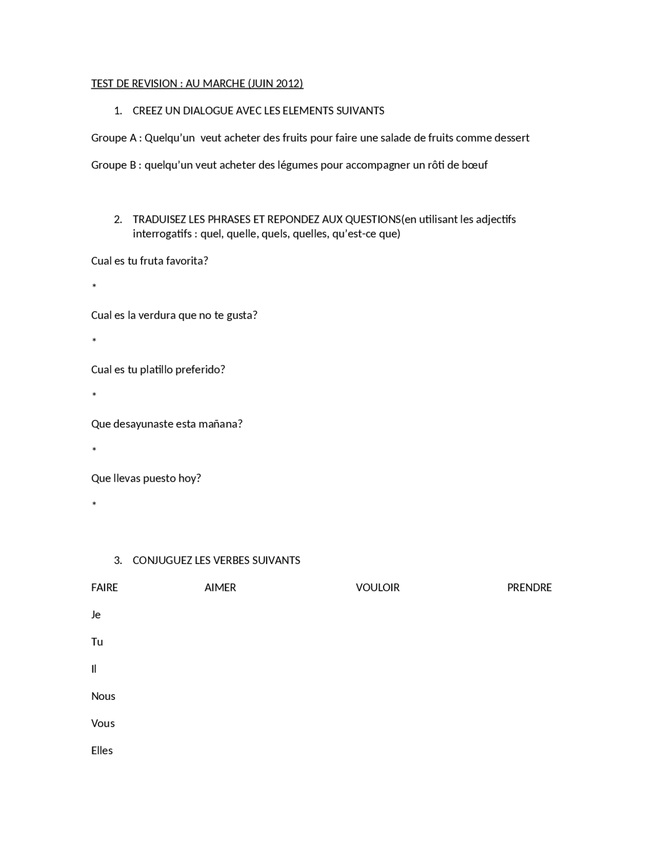 Test de Revision Francés 1 - Docsity