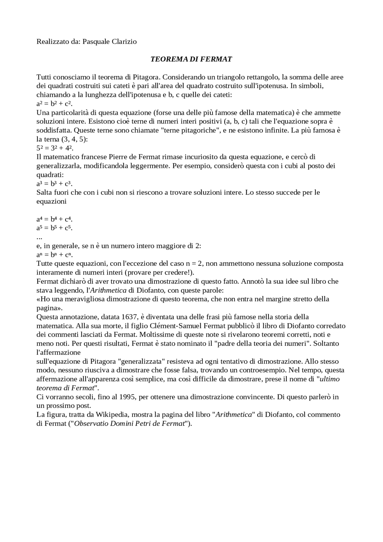 Teoricamente il Teorema di Fermat - Docsity