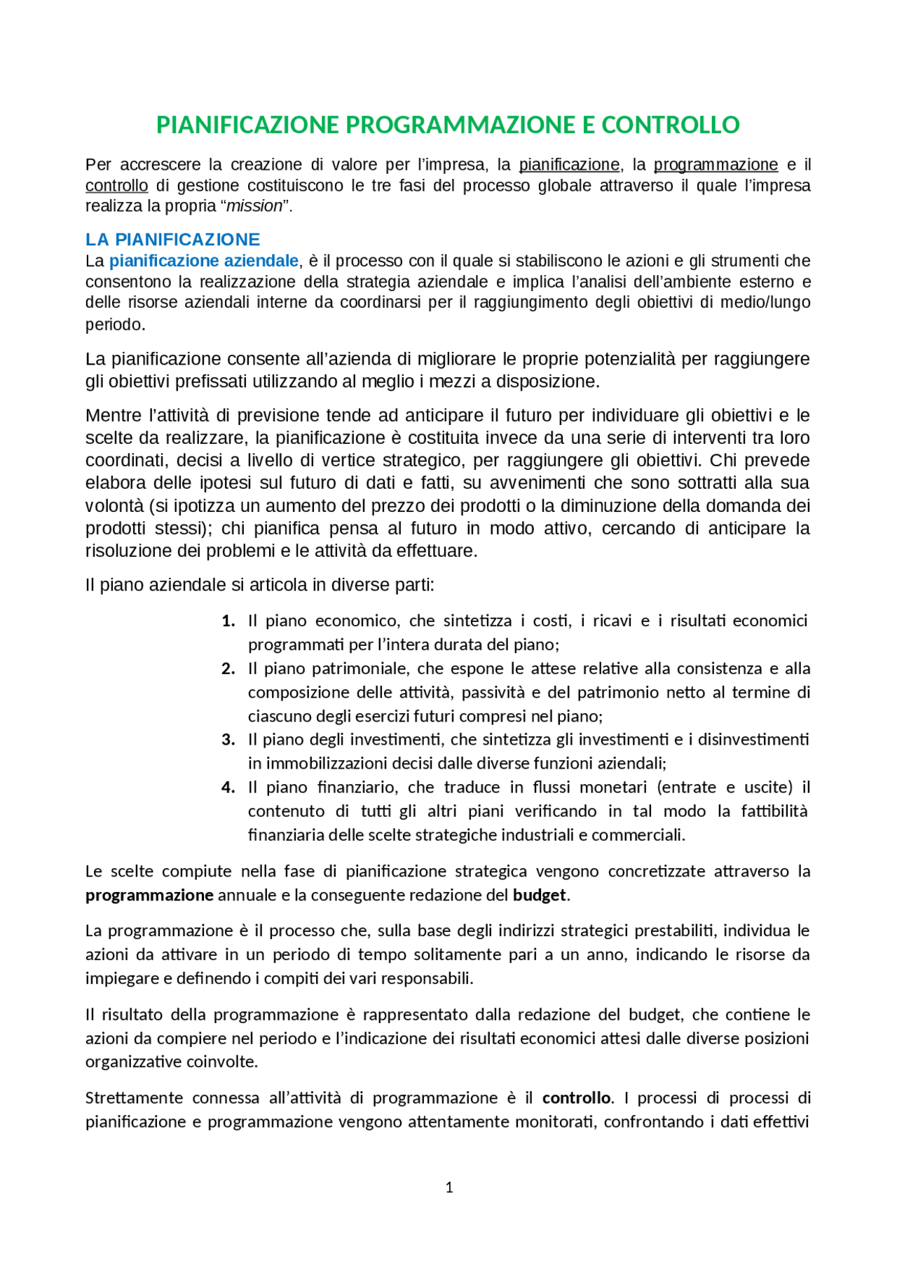 Pianificazione - Programmazione - Controllo - Docsity