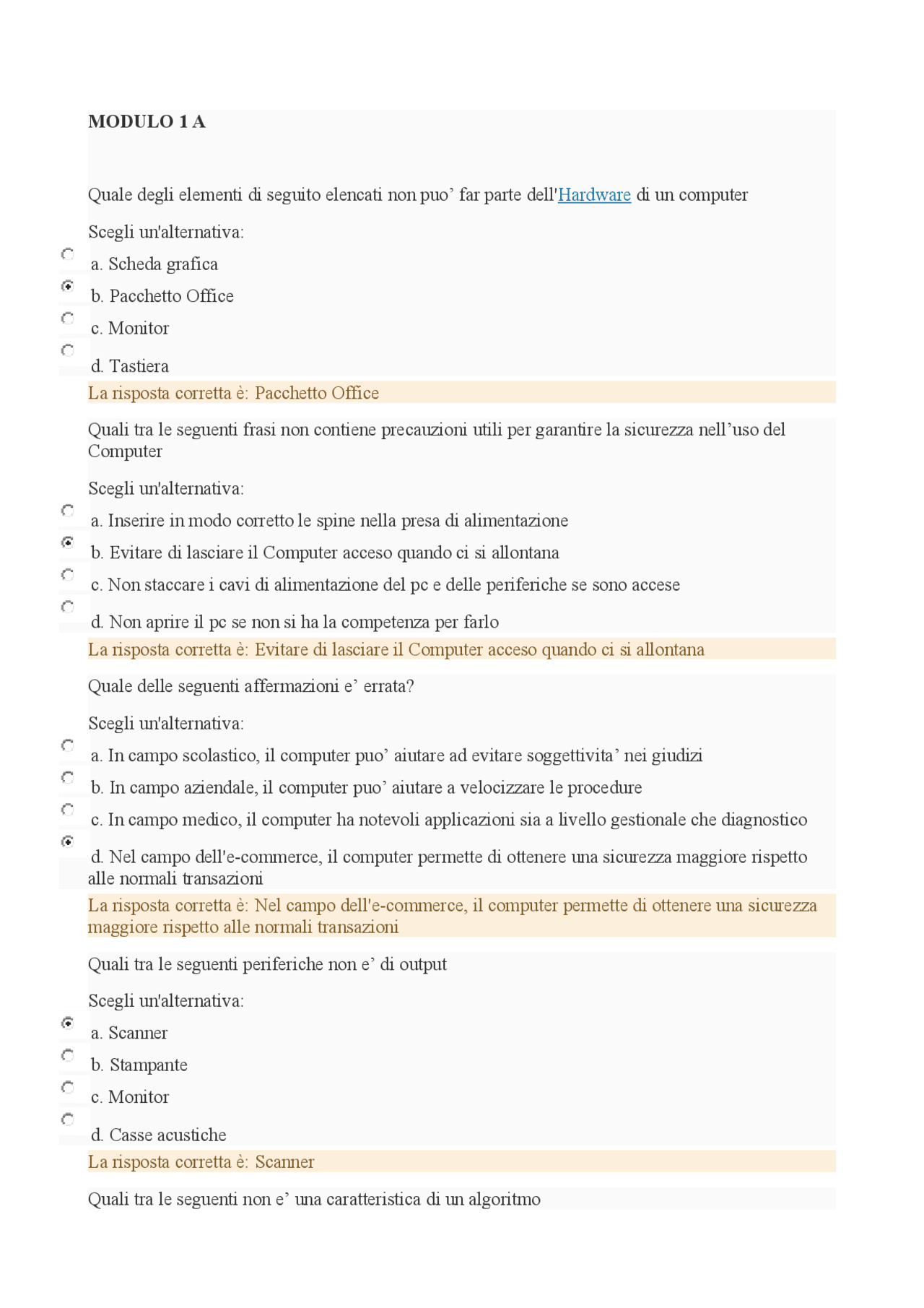 Domande e risposte Modulo 1 A eirpass | Esercizi di Elementi di Informatica | Docsity