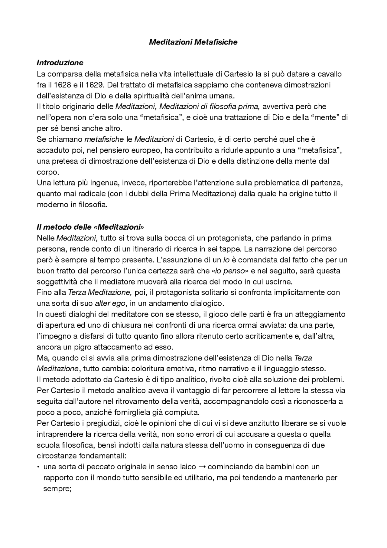 Riassunto Meditazioni Metafisiche Di Cartesio Docsity