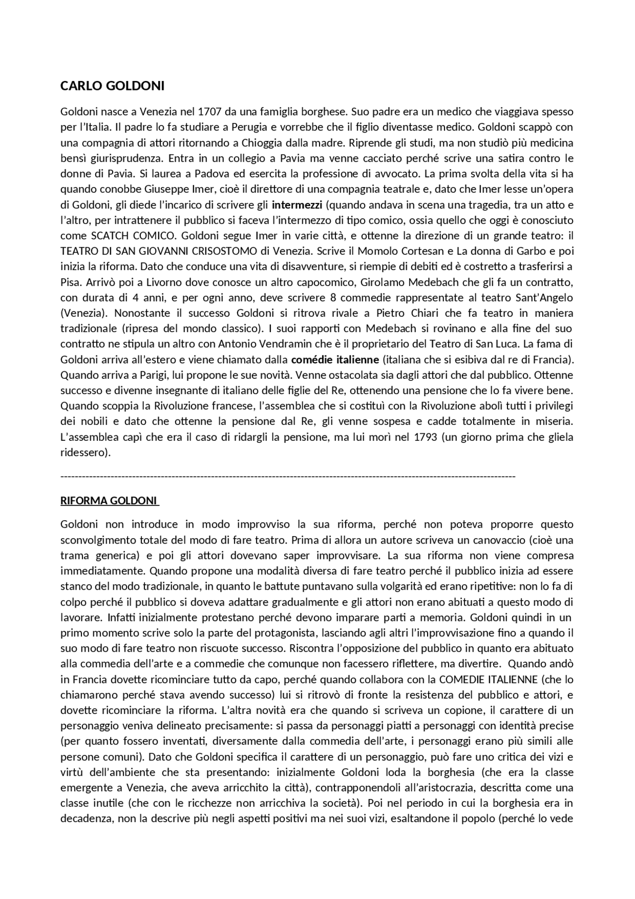 Vita E Opere Di Carlo Goldoni Docsity