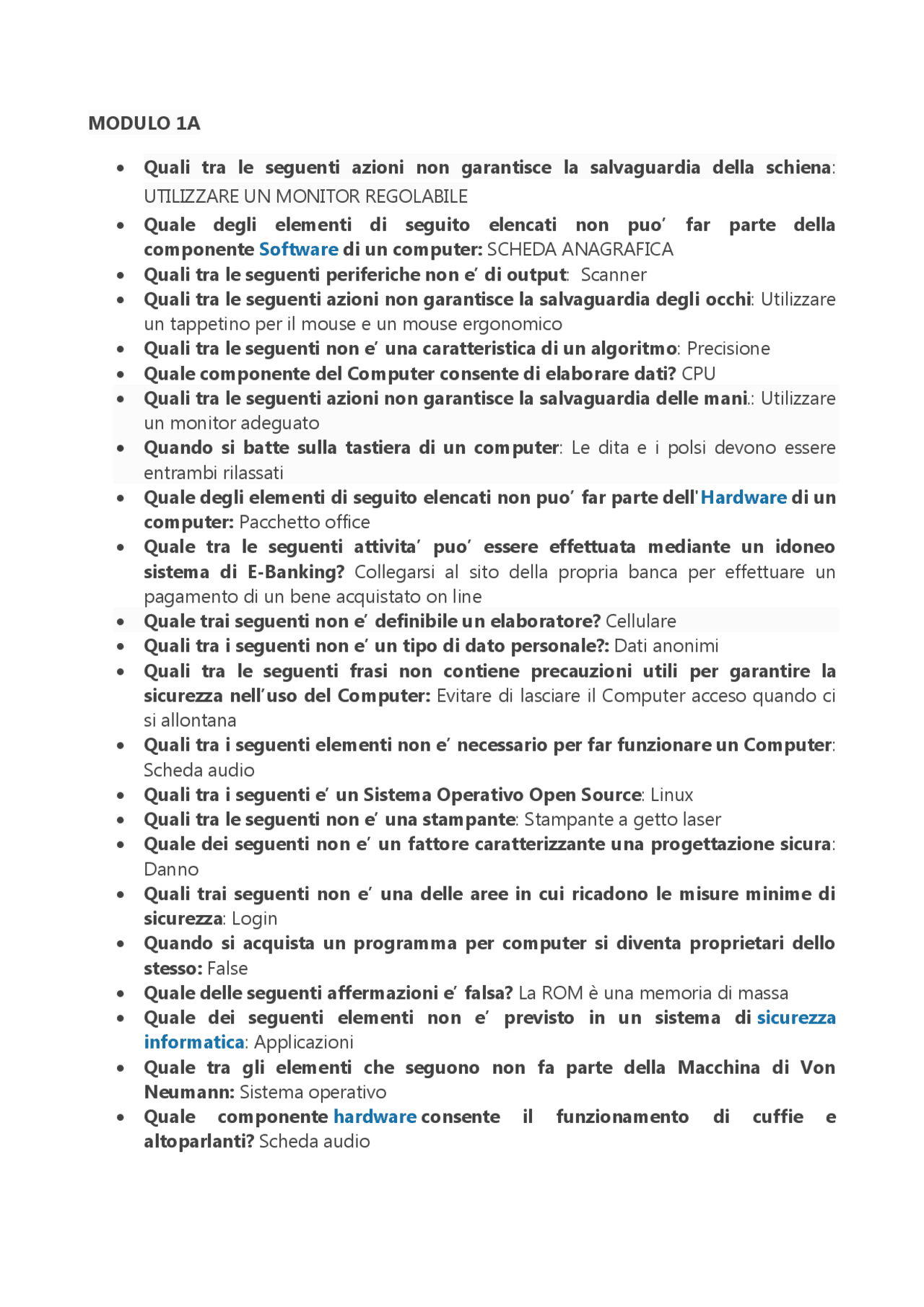 Esame EIRSAFF FULL - soluzioni aggiornate 20/03/2021 | Prove d'esame di Computer Science - Docsity