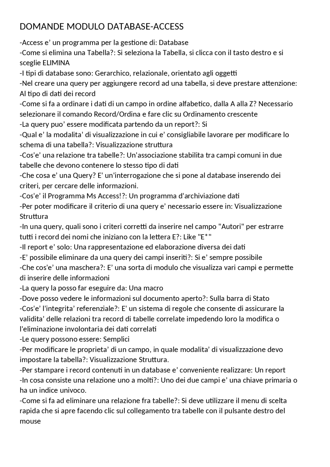 Domanderisposte Del Modulo Database Docsity