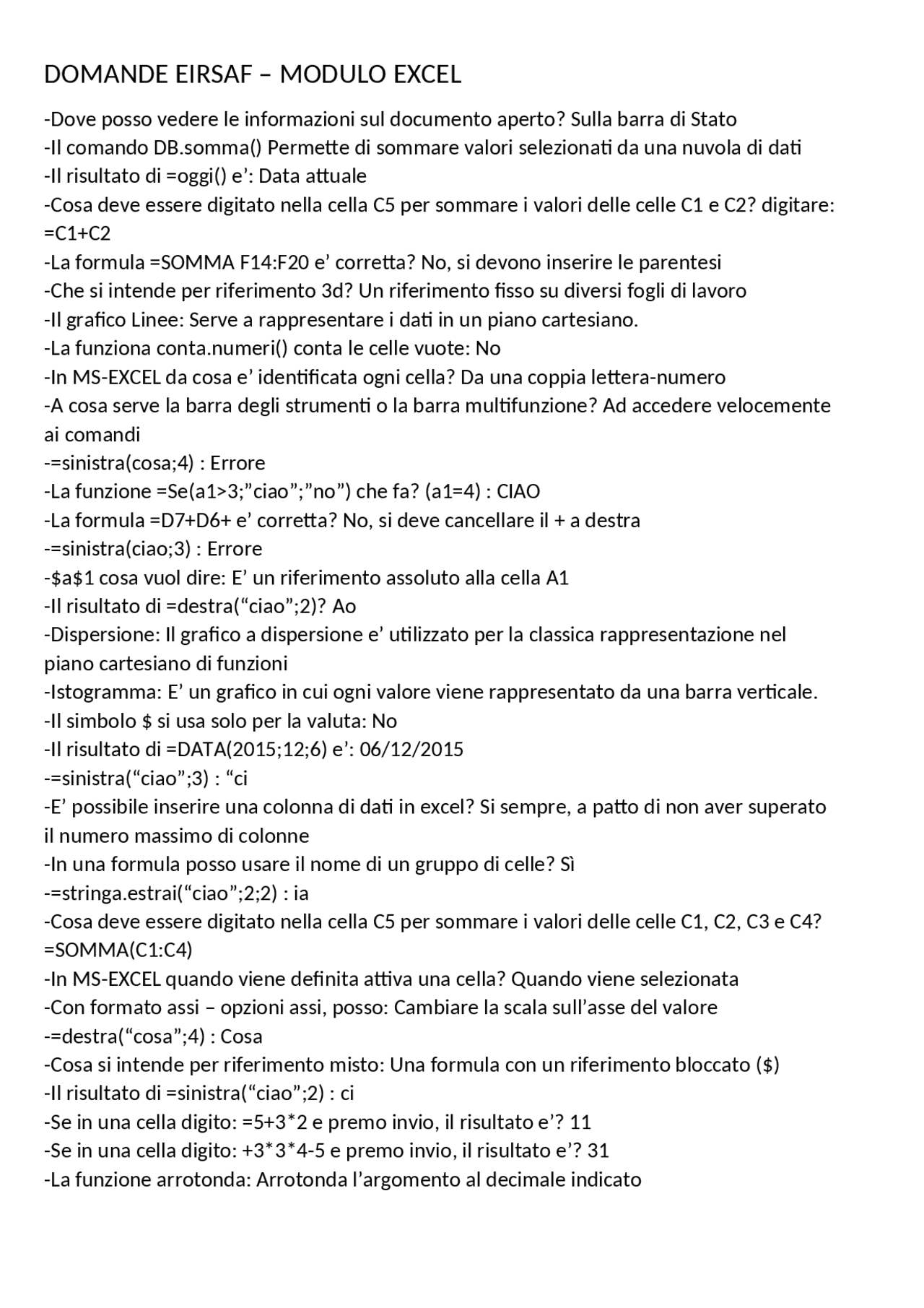 Domanderisposte Del Modulo Excel Docsity