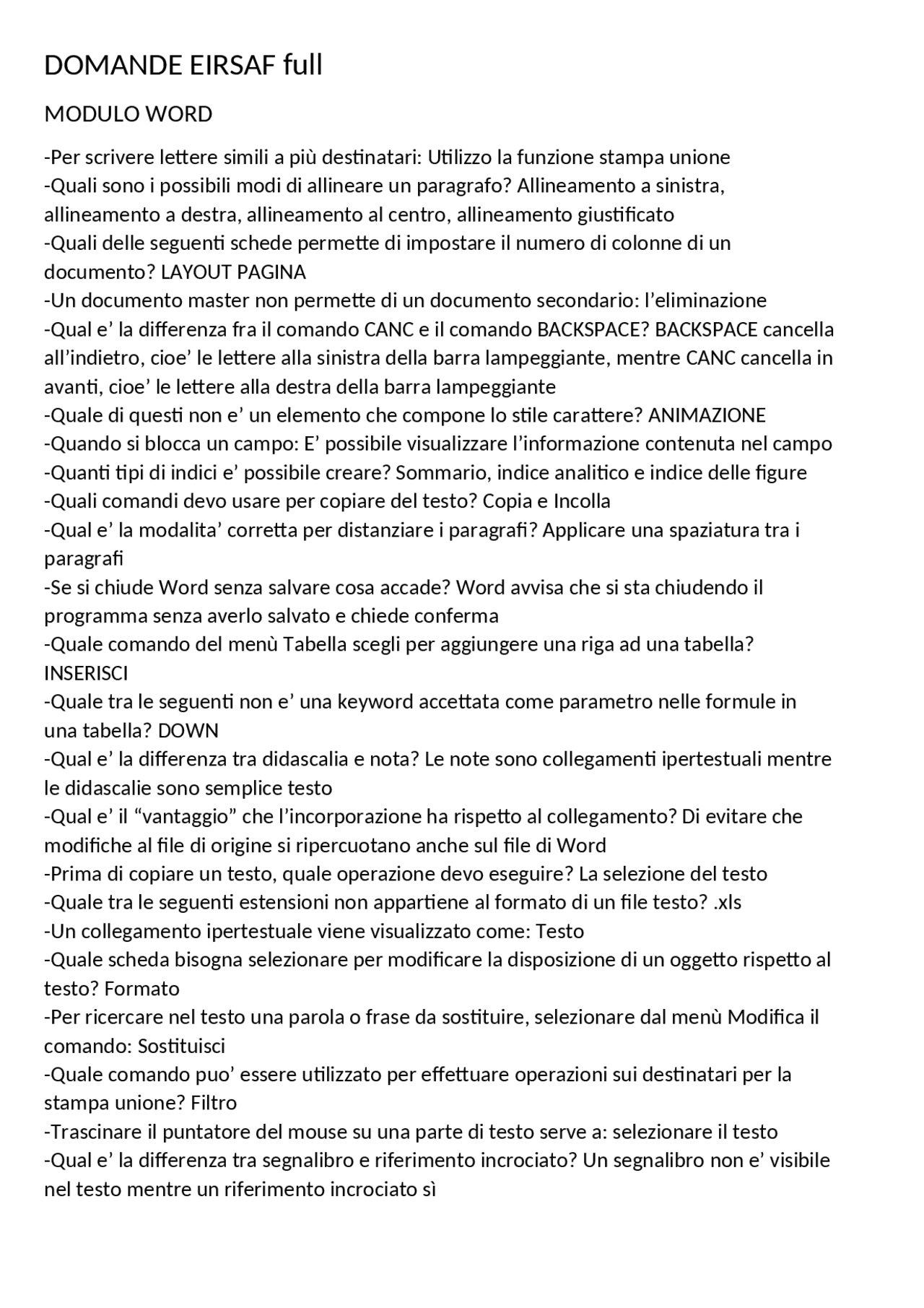 Domande e risposte del modulo Word - Docsity