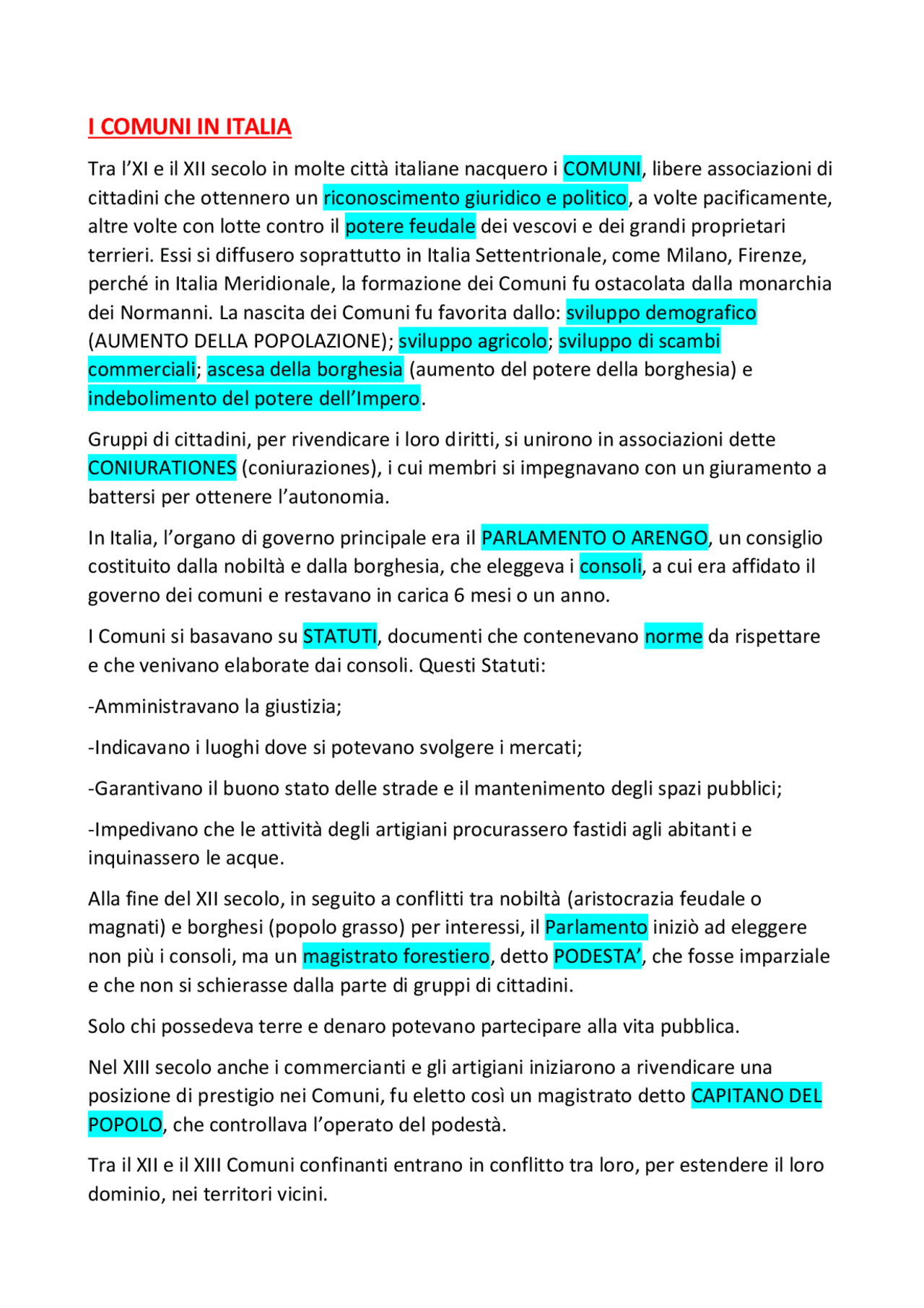 Appunti Storia I Comuni In Italia Docsity