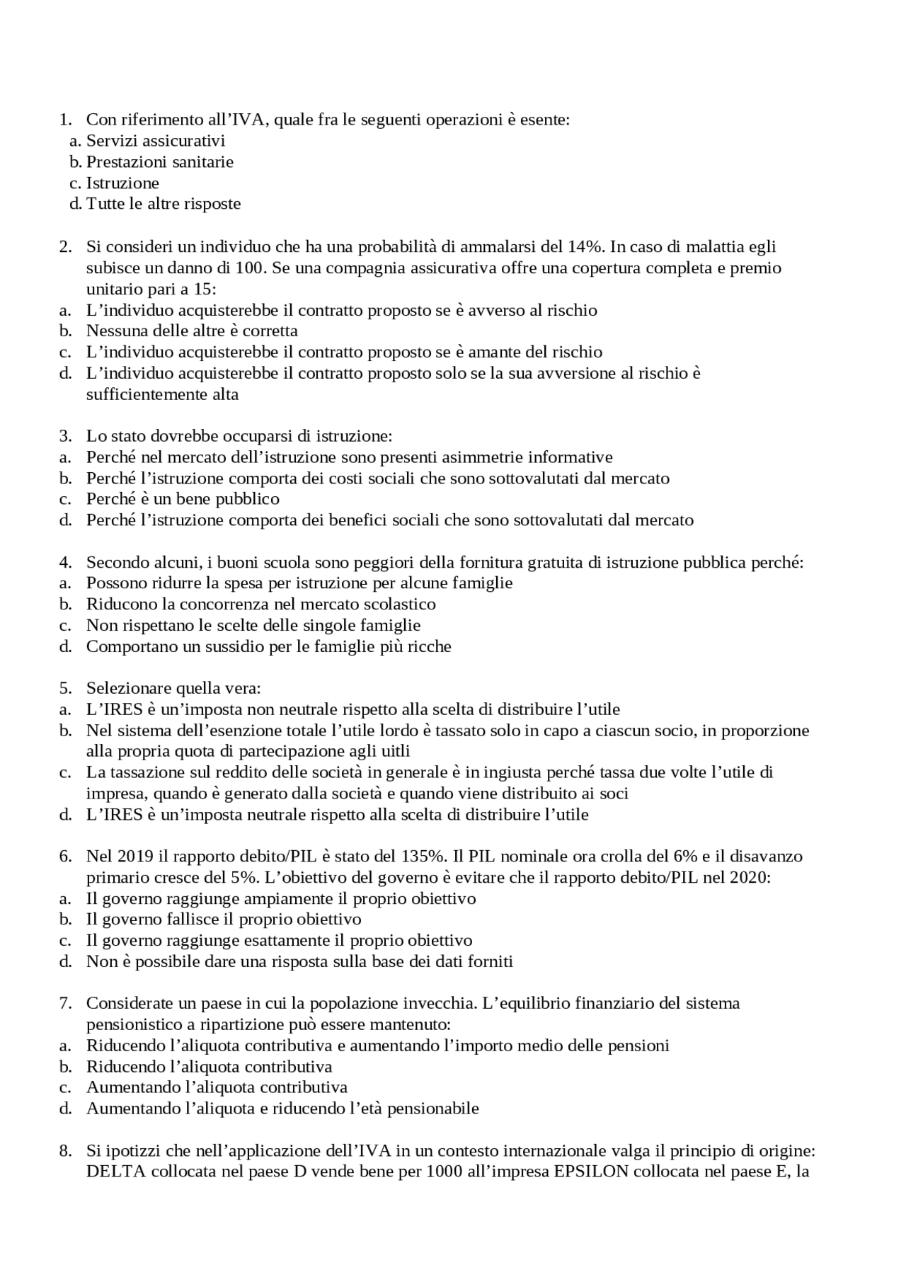 Domande Scienze Delle Finanze Esame 2020 Docsity