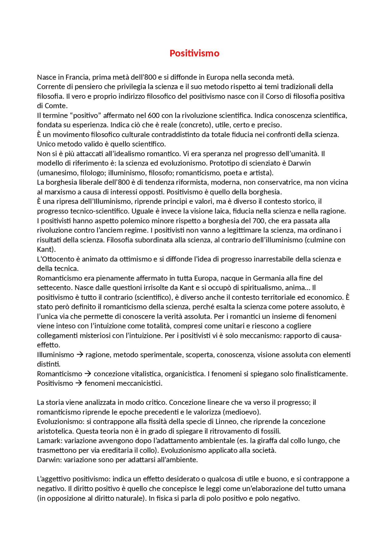 Riassunto Sul Positivismo E I Suoi Esponenti A Comte Docsity