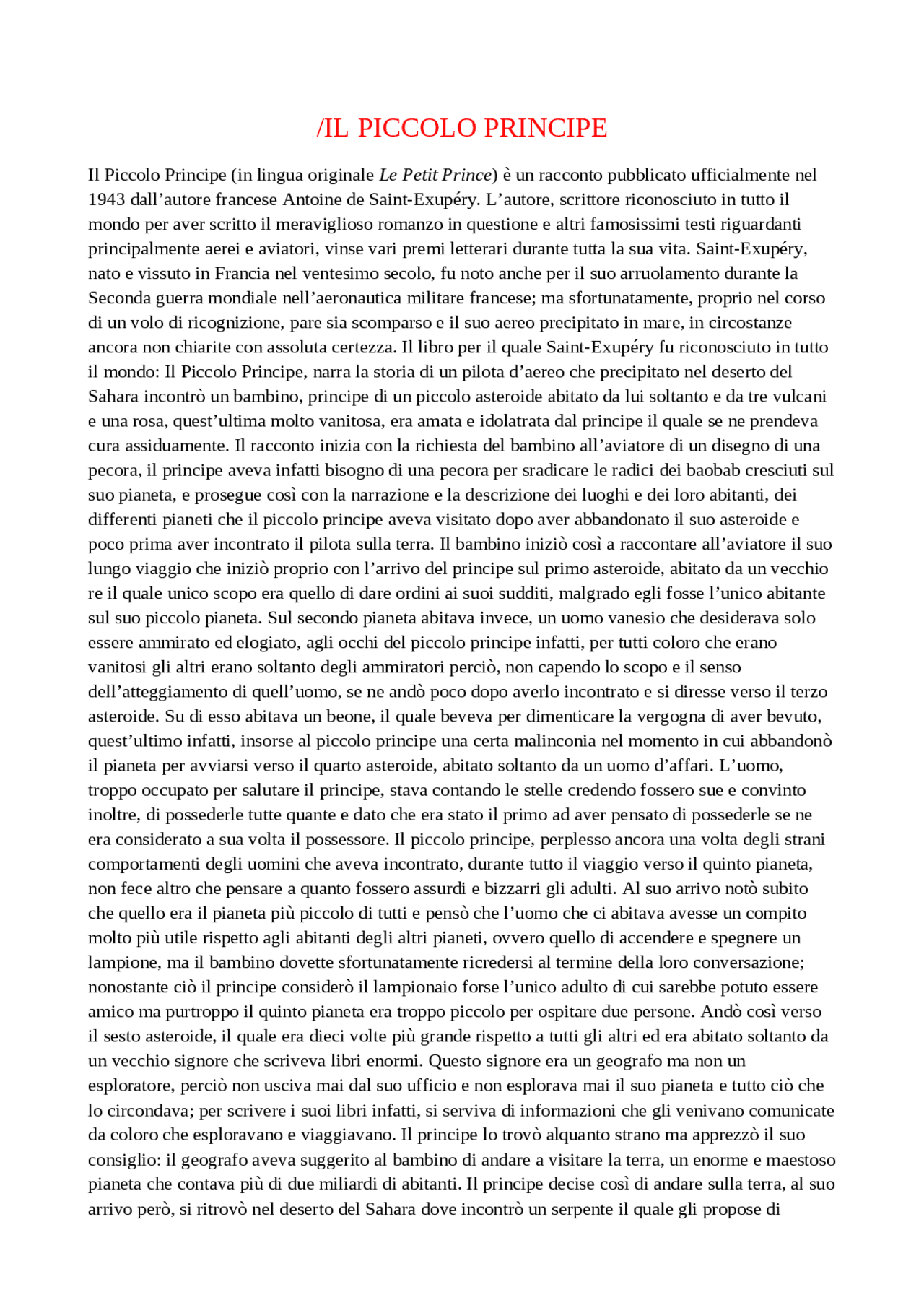 Il Piccolo Principe Libro Docsity