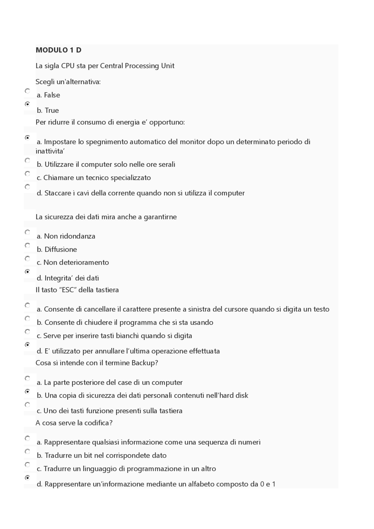 Domande e risposte Modulo 1 D eirsaf | Esercizi di Elementi di Informatica | Docsity