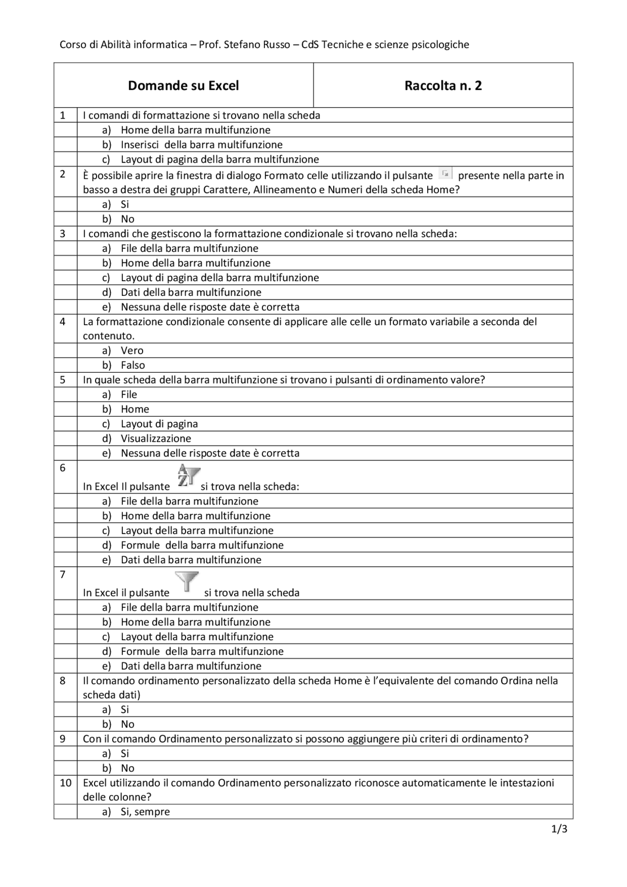Quiz Di Excel Docsity