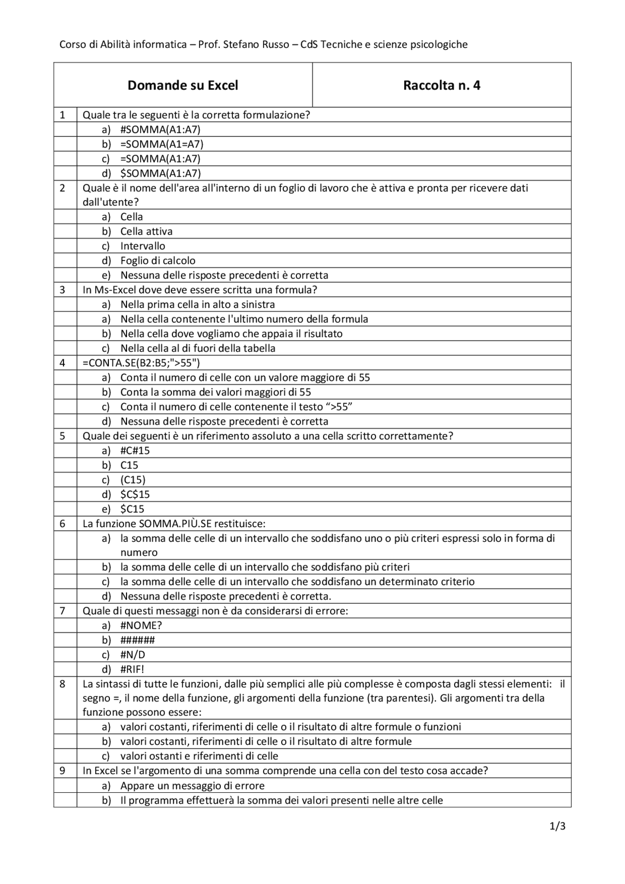 Quiz Di Excel Docsity