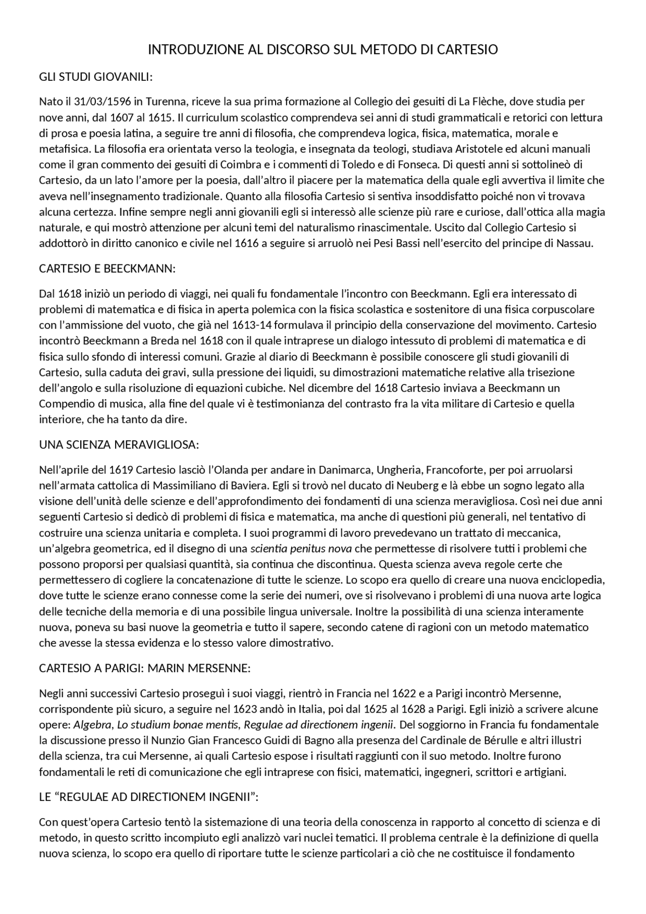 Introduzione Al Discorso Sul Metodo Di Cartesio Docsity