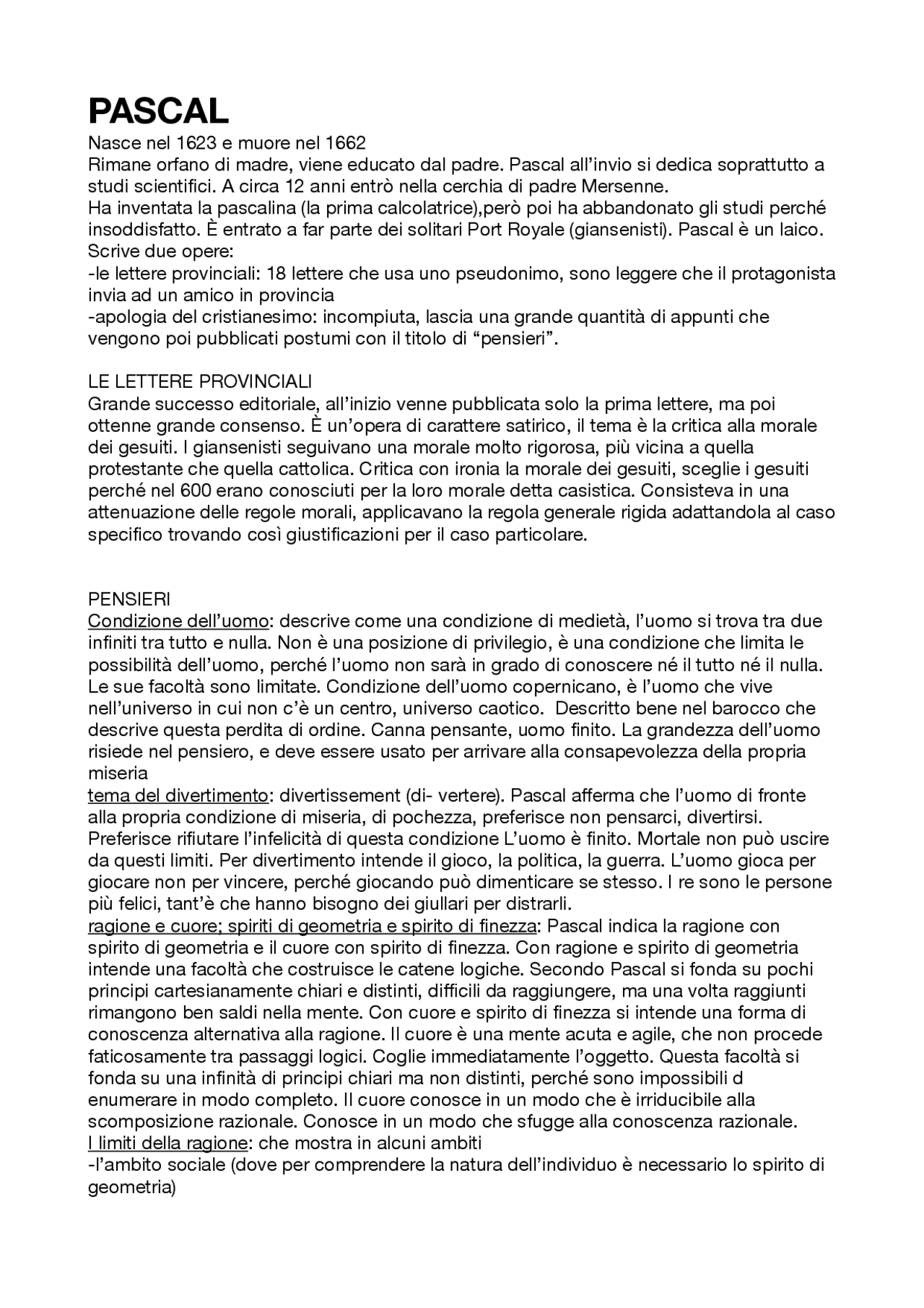Pascal Vita Opere Pensiero Docsity