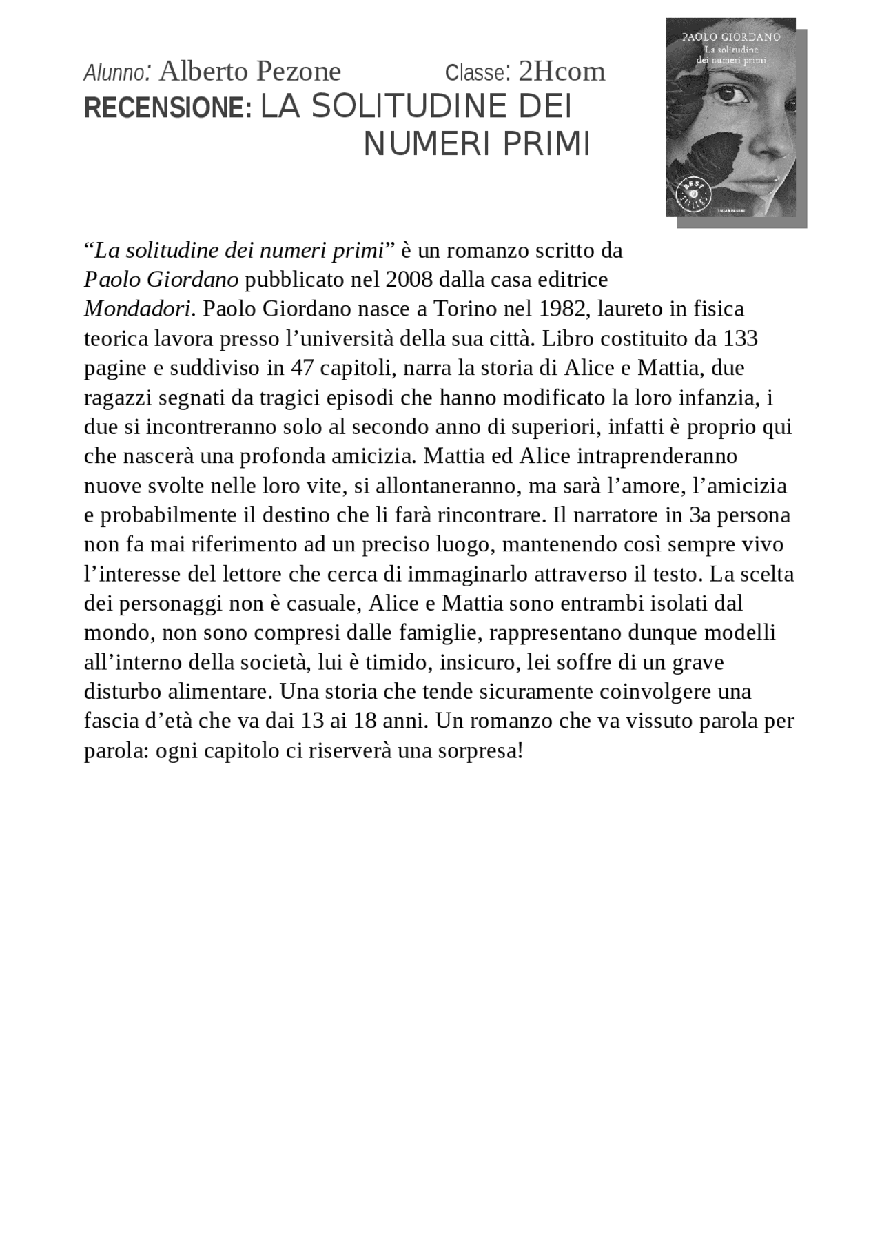 Recensione La Solitudine Dei Numeri Primi Docsity