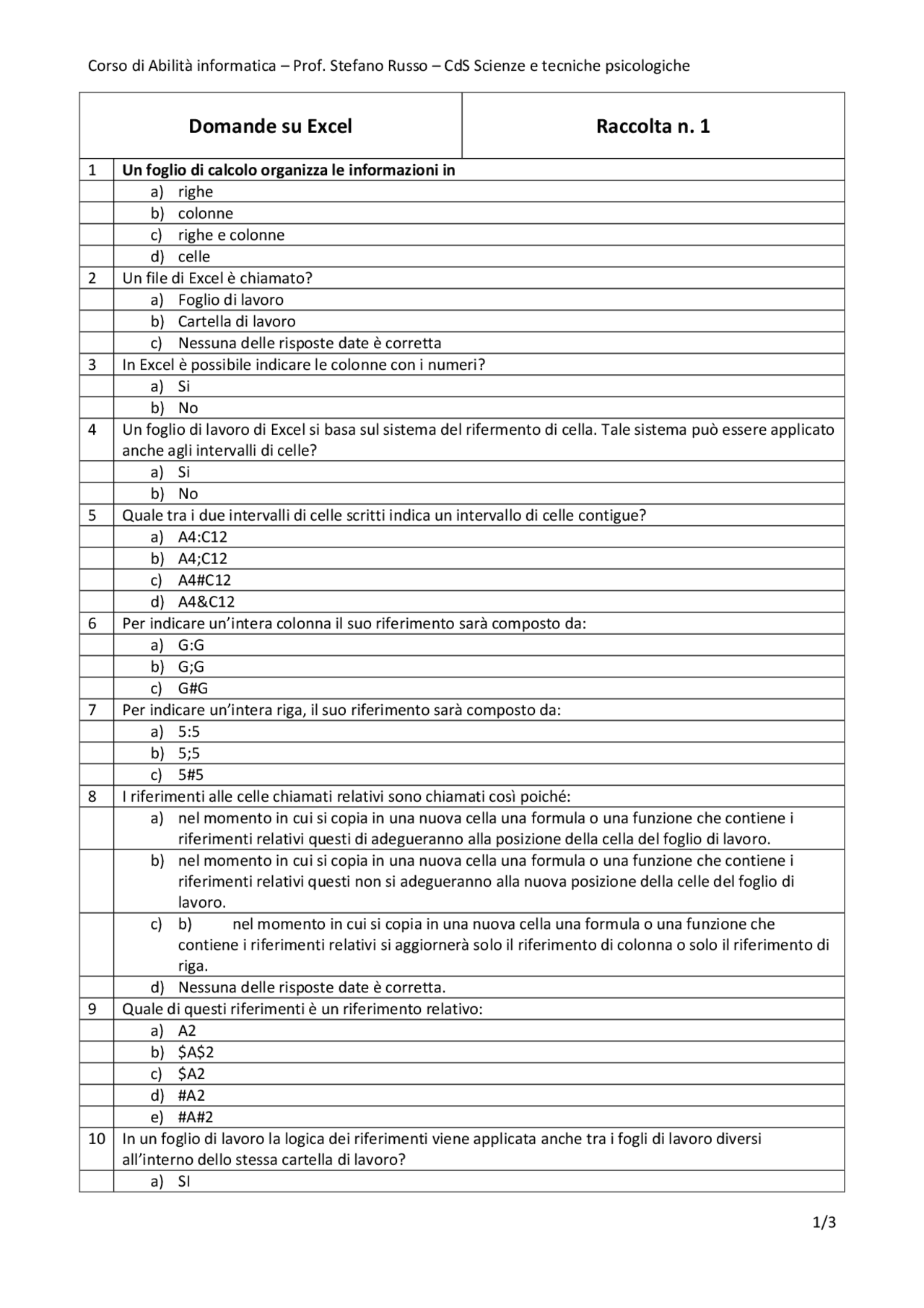 Quiz Di Excel Docsity