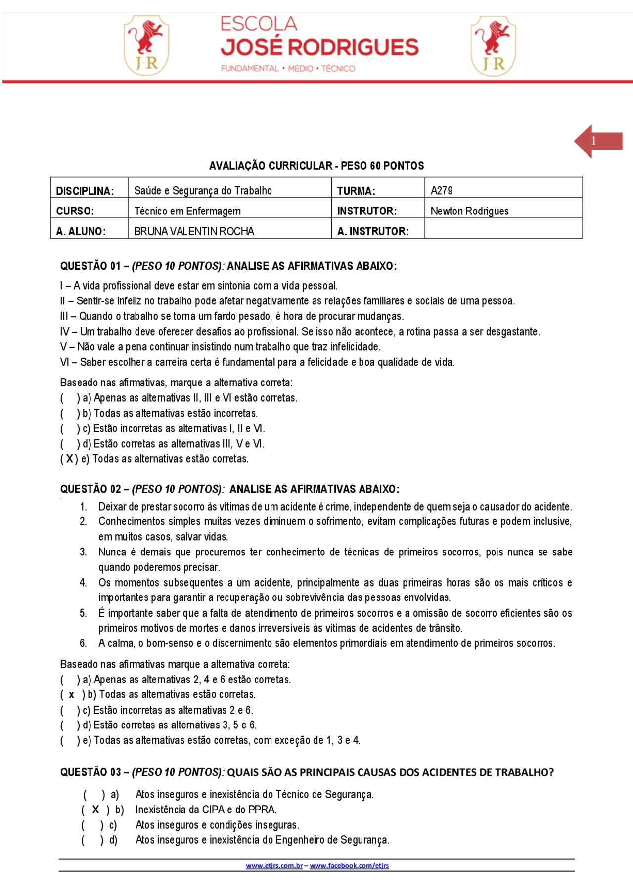 Prova Saude E Segurança Do Trabalho Docsity
