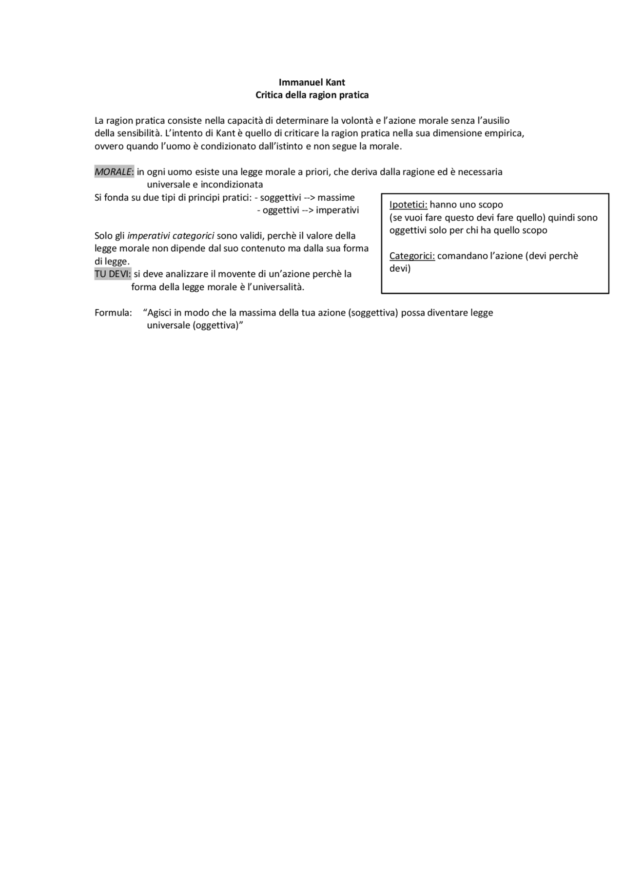 Critica Della Ragion Pratica Kant Docsity