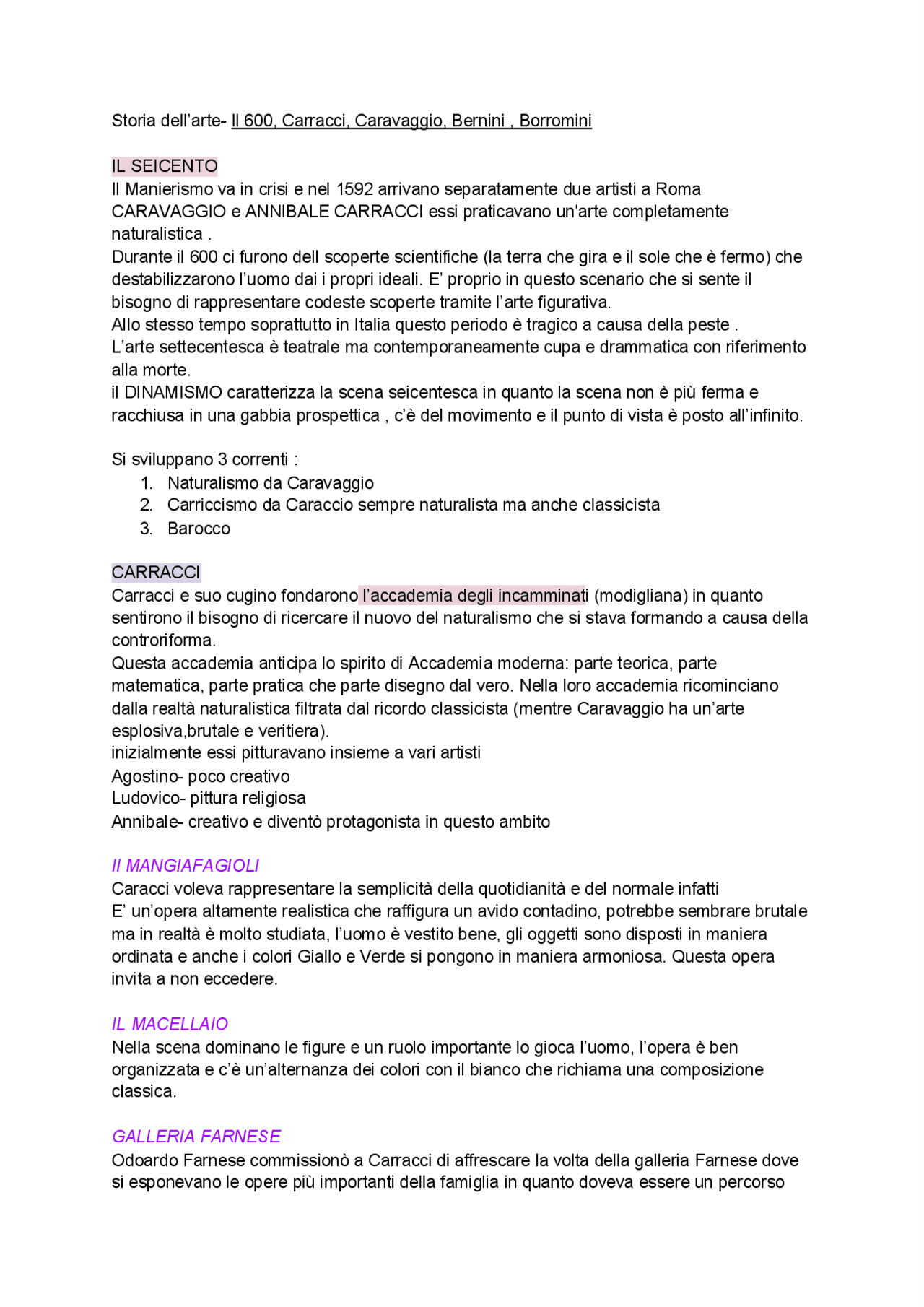 Storia dell'arte; il 600 , Carracci, Caravaggio, Bernini , Borromini - Docsity