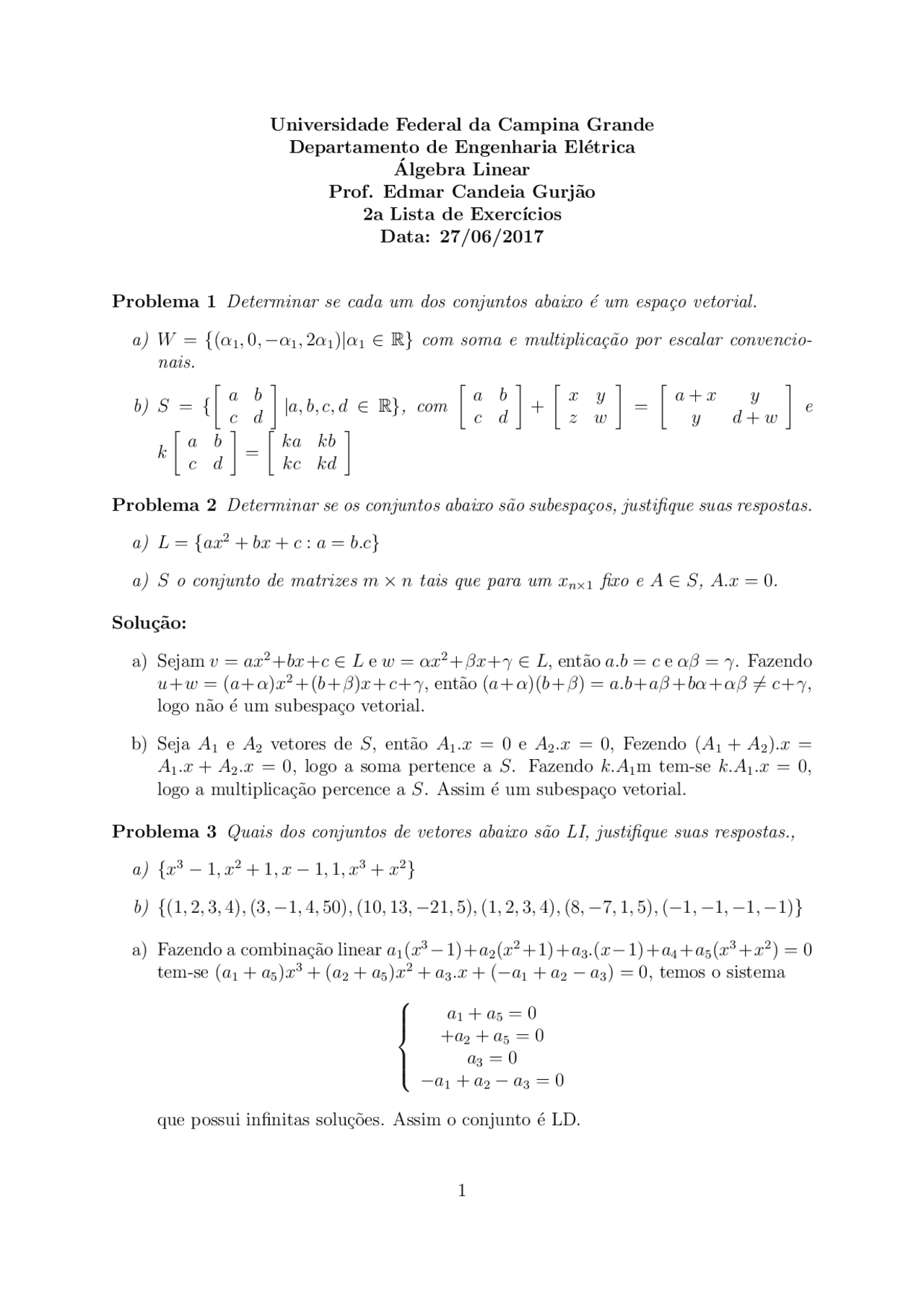 Lista de Exercícios - 2º estágio de Linear - Docsity