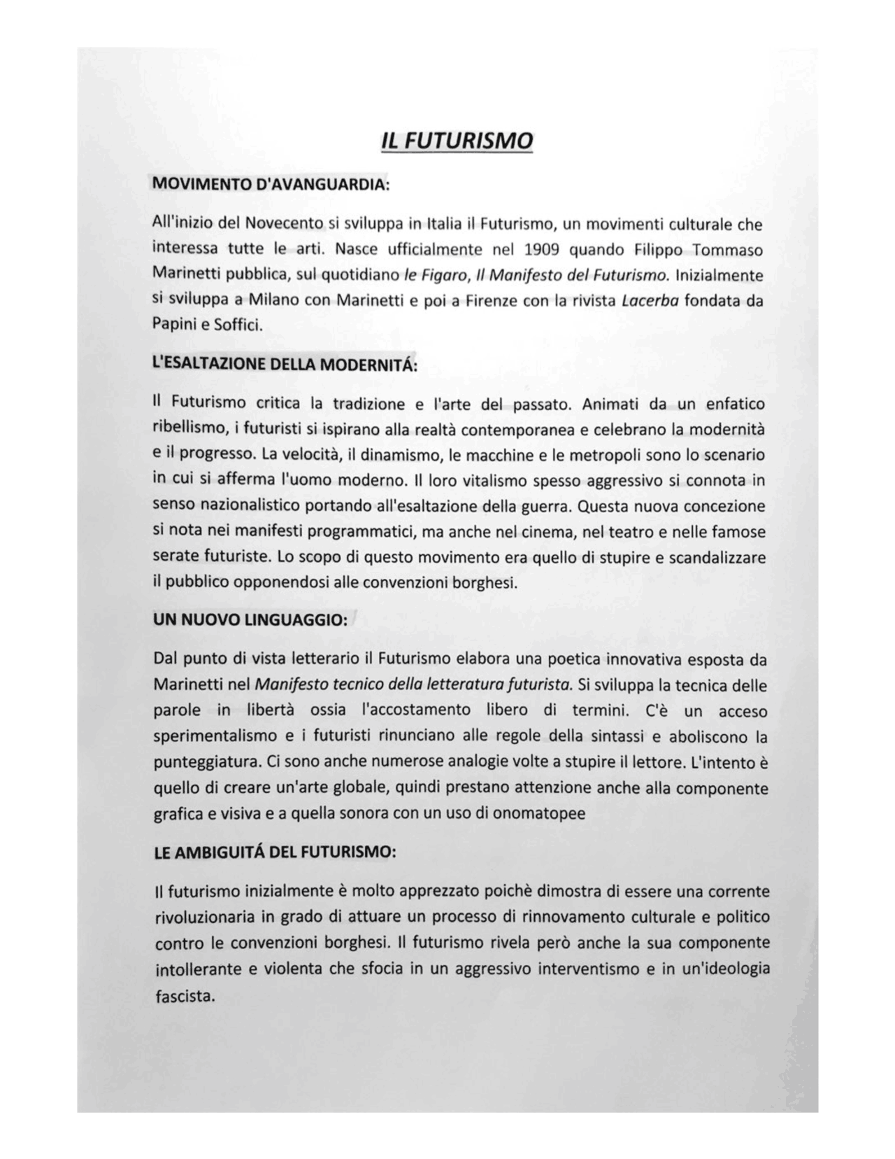Appunti Sul Futurismo Docsity