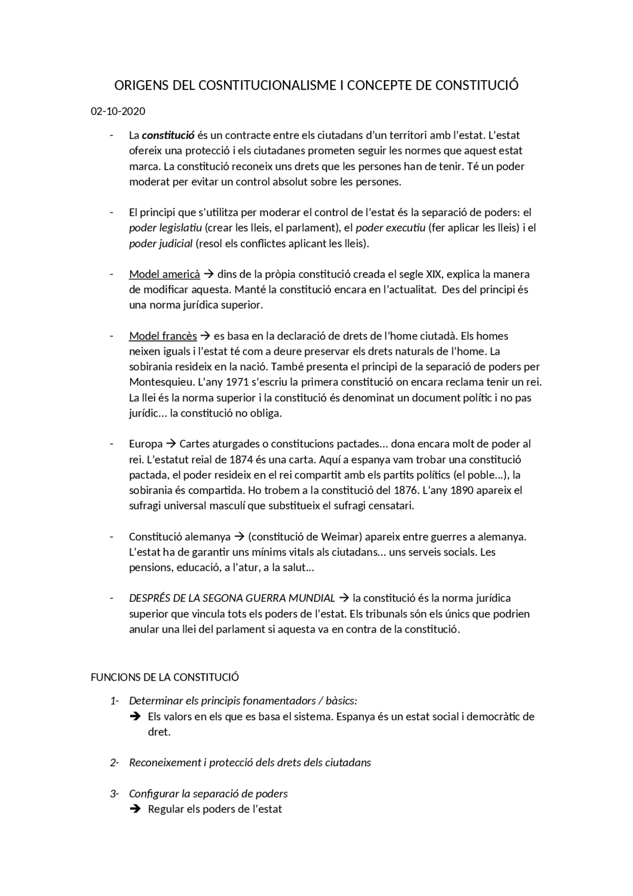 Origens del constitucionalisme i concepte de constitució - Docsity