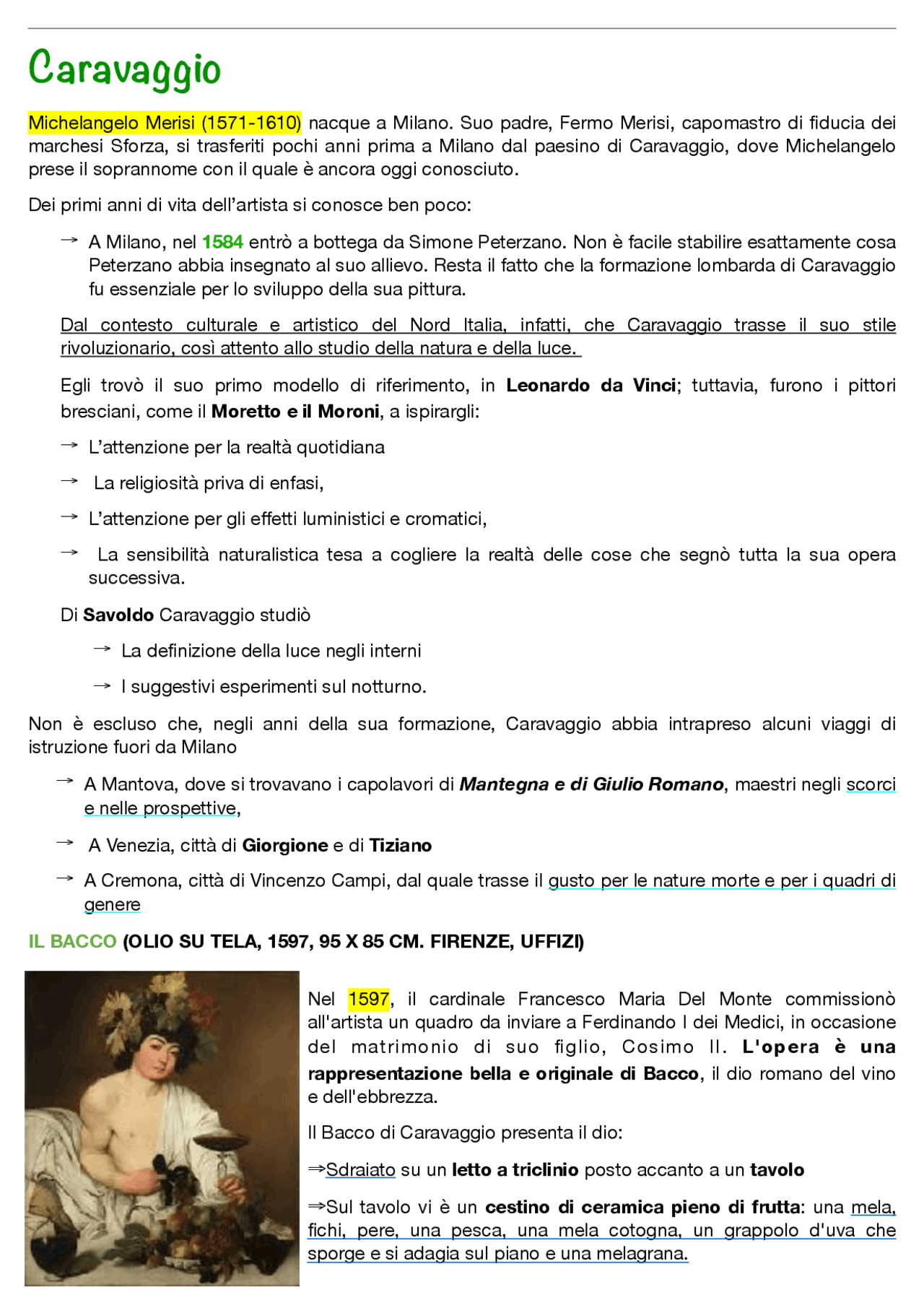 Caravaggio Stile Ed Opere Docsity