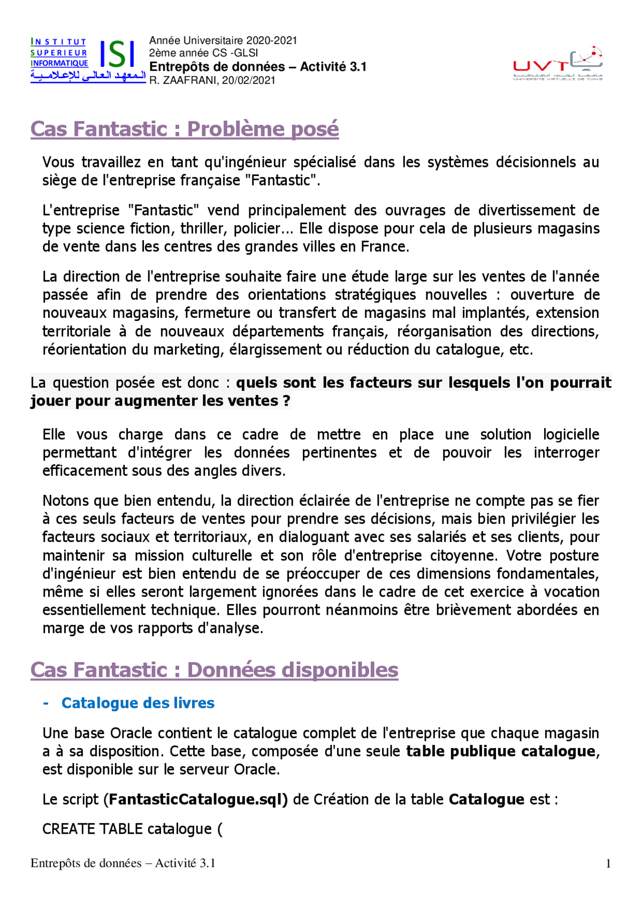 activite data ware house | Exercises Data Warehousing | Docsity