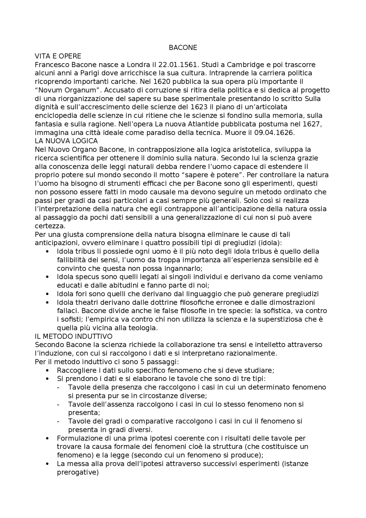 Vita Opere E Metodo Di Bacone Appunti Di Filosofia Docsity