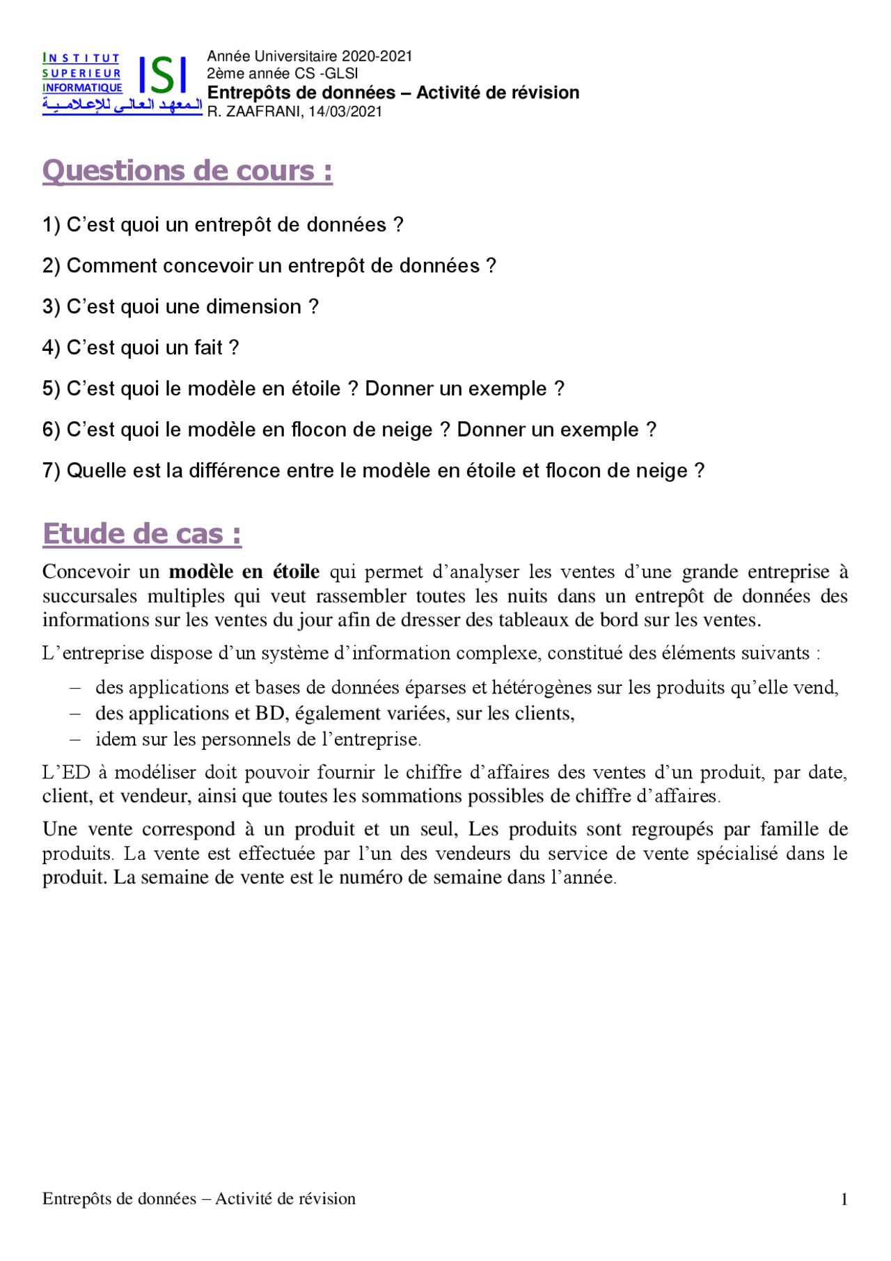 Activité de révision.pdf | Exercises Data Warehousing | Docsity