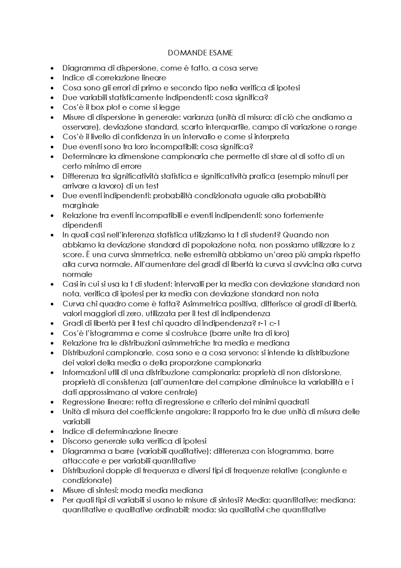 Domande Esame Statistica Professoressa Pacini Docsity
