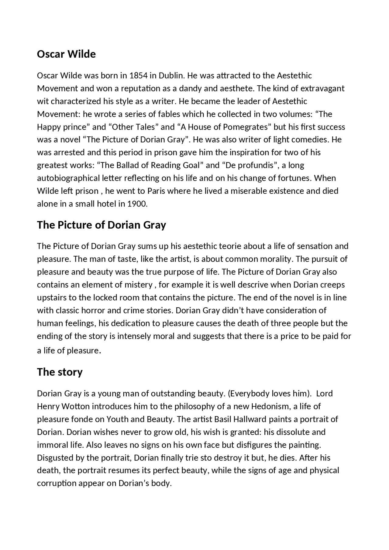 Oscar Wilde And The Picture Of Dorian Gray Docsity
