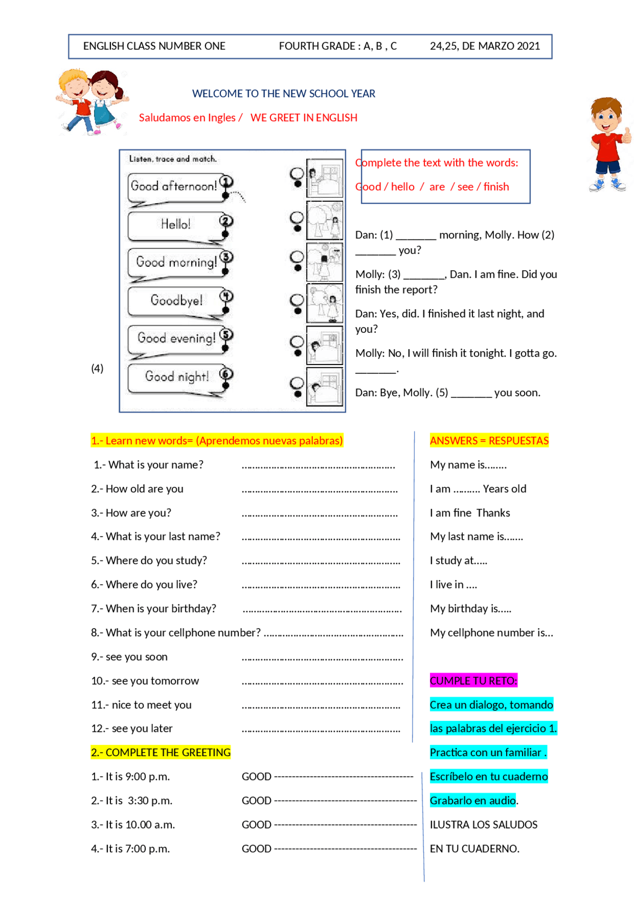 ENGLISH CLASS NUMBER ONE FOURTH GRADE - Docsity