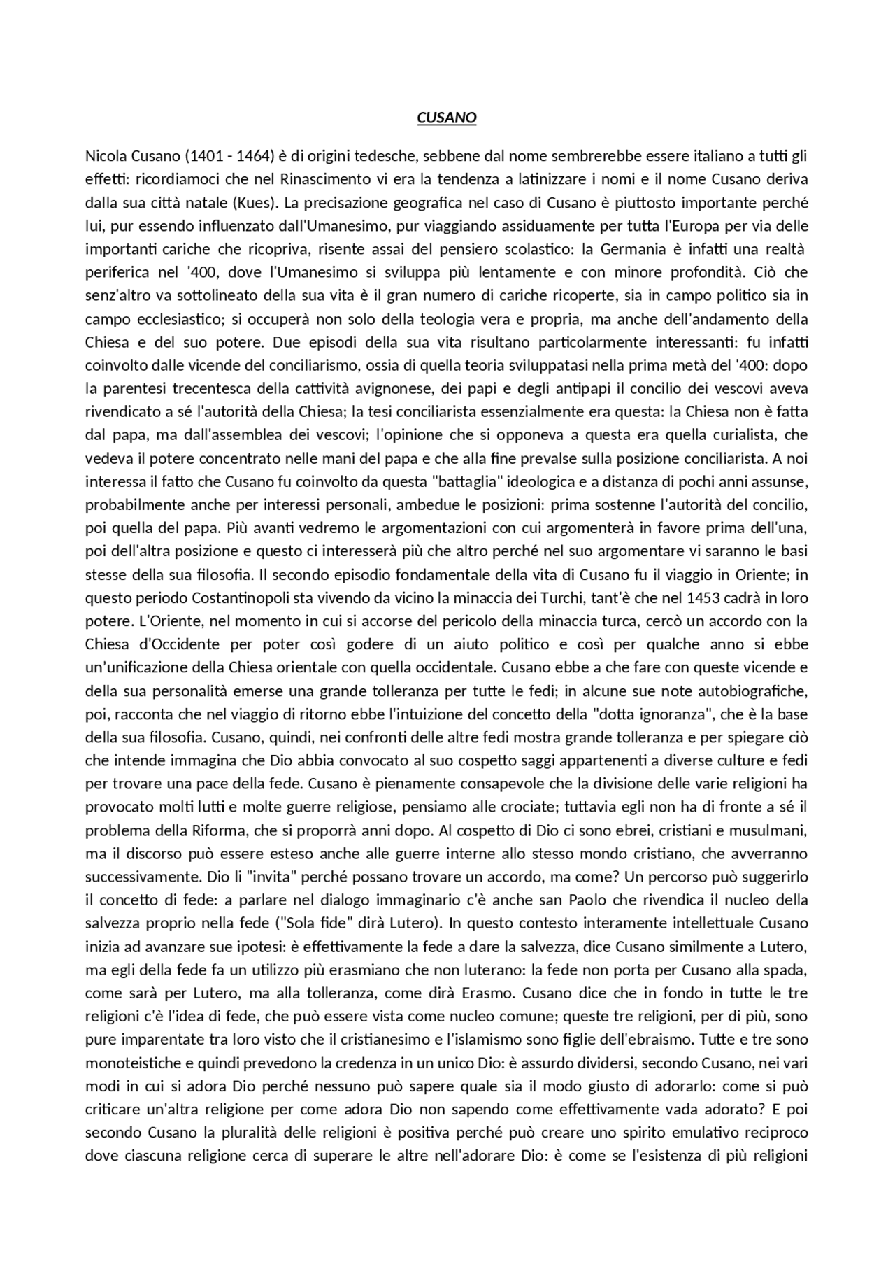 Appunti Di Filosofia Su Cusano Docsity