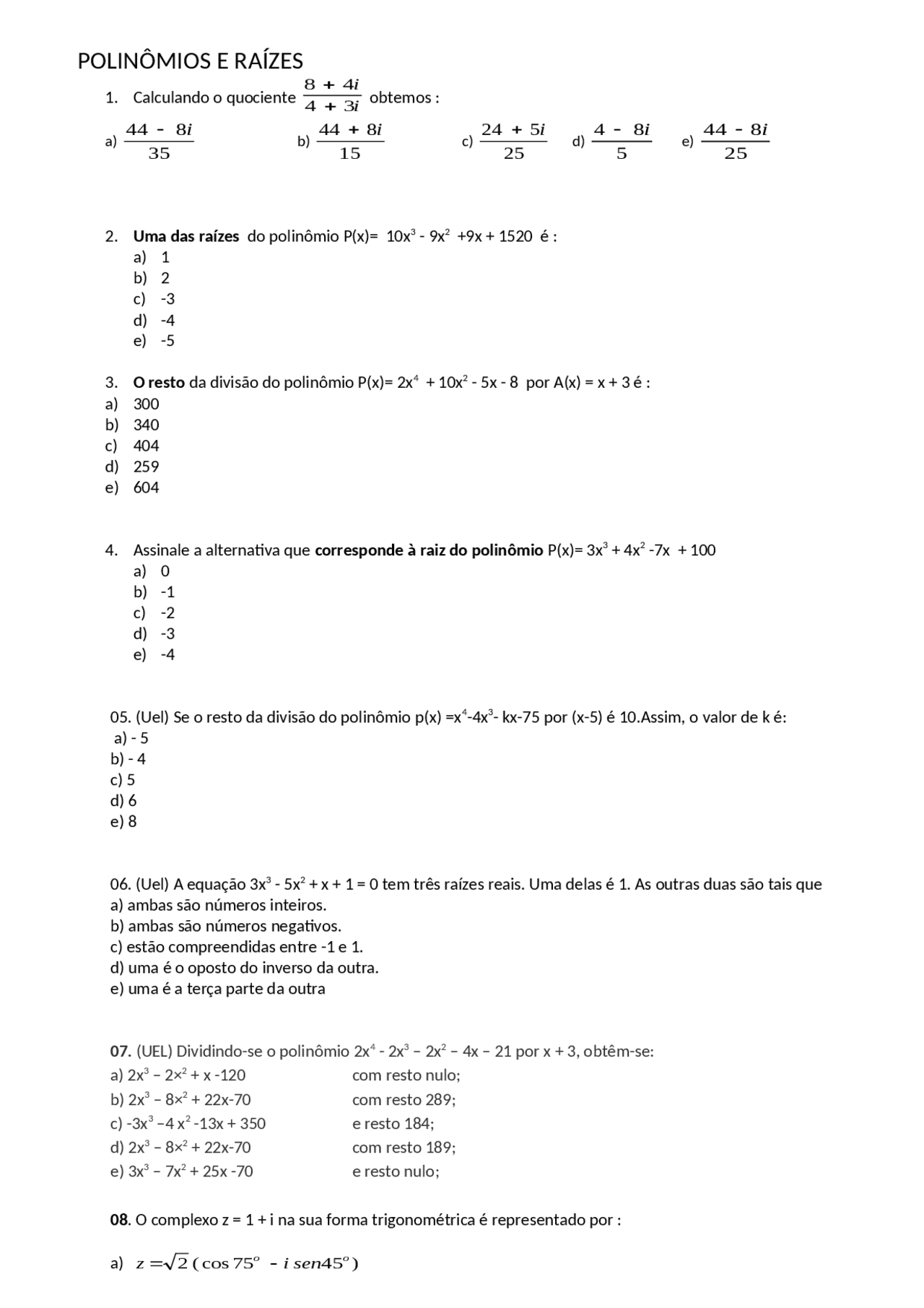 Exercicios De RevisÃo PolinÔmios Docsity