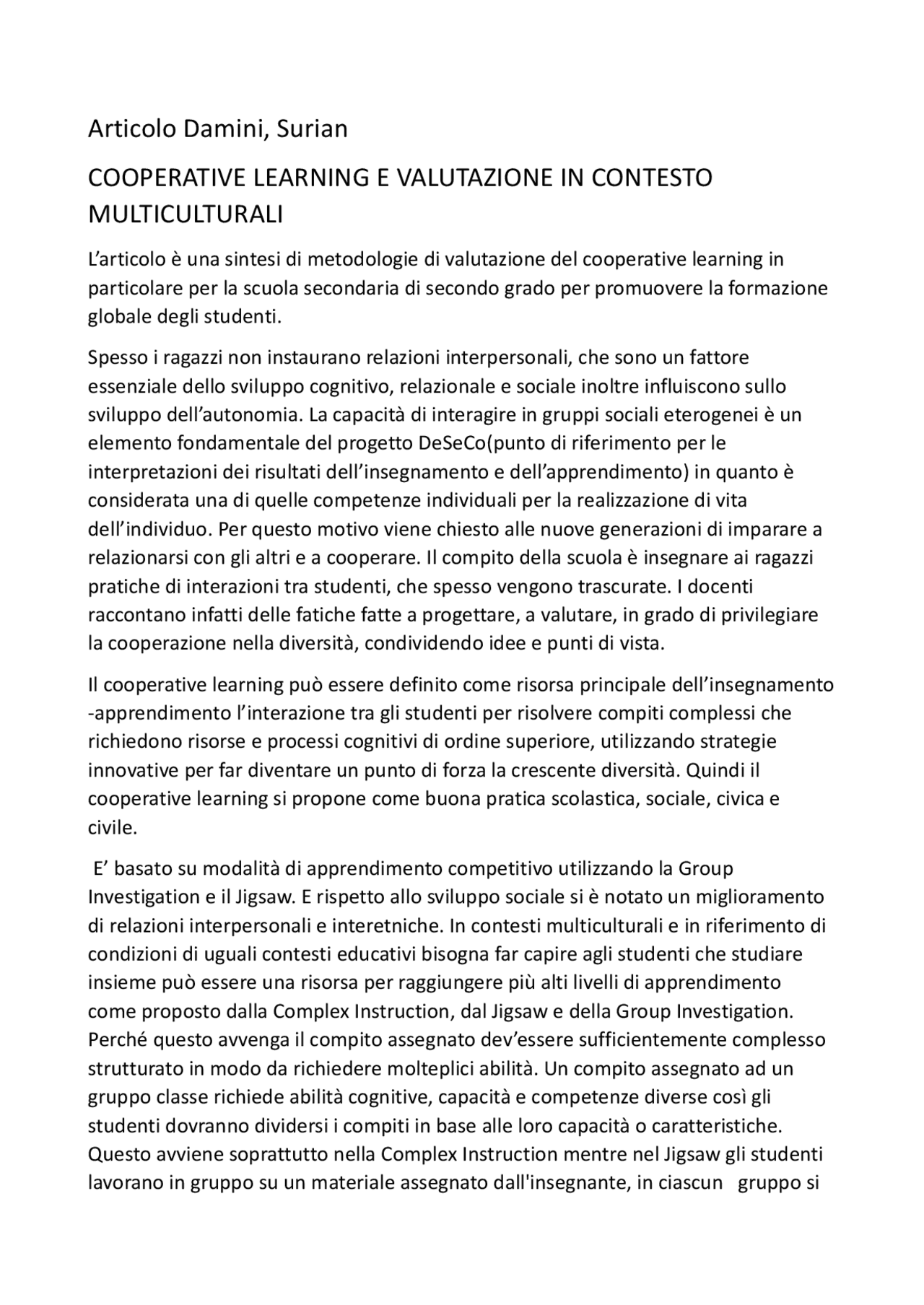 Cooperative Learning E Valutazione In Contesti Multiculturali Docsity