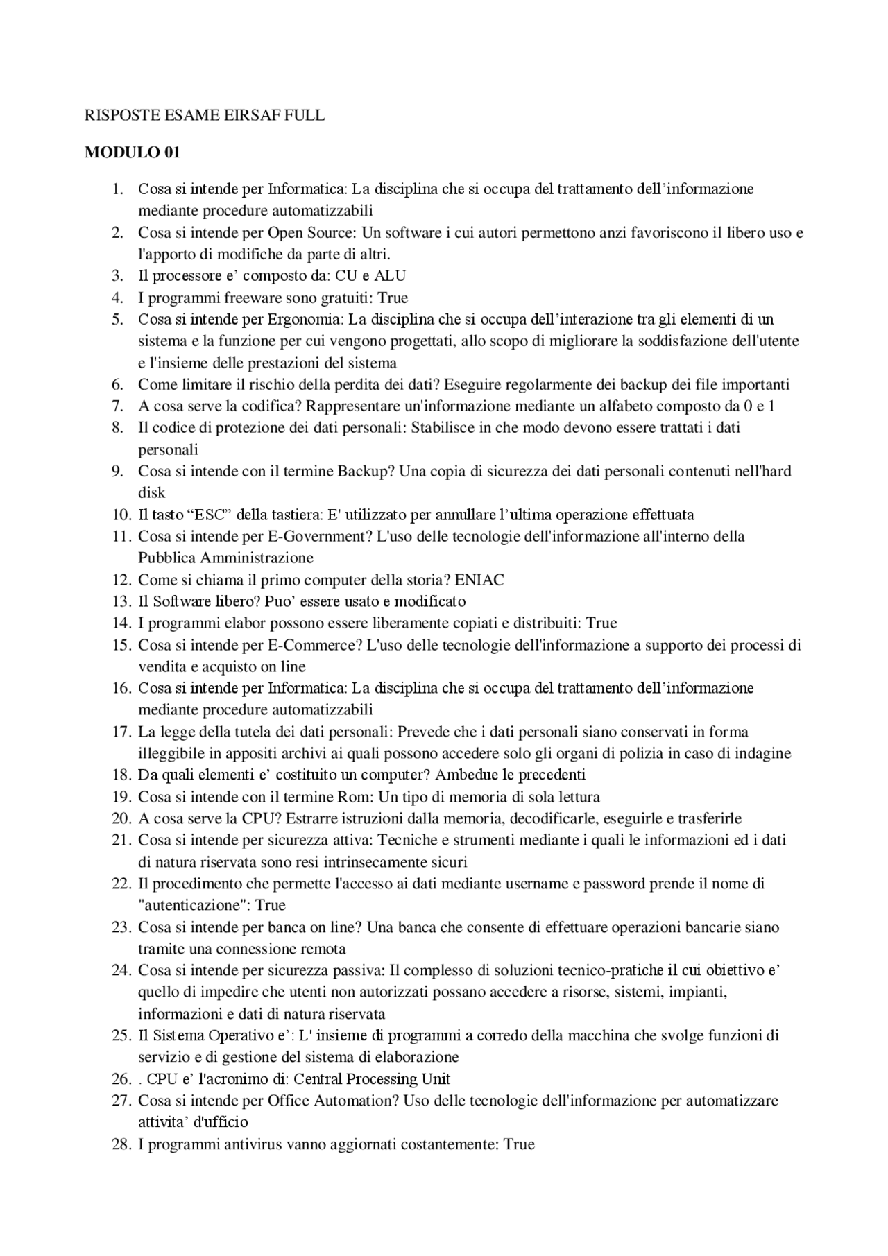 Soluzioni complete EIRSAF FULL | Prove d'esame di Informatica | Docsity