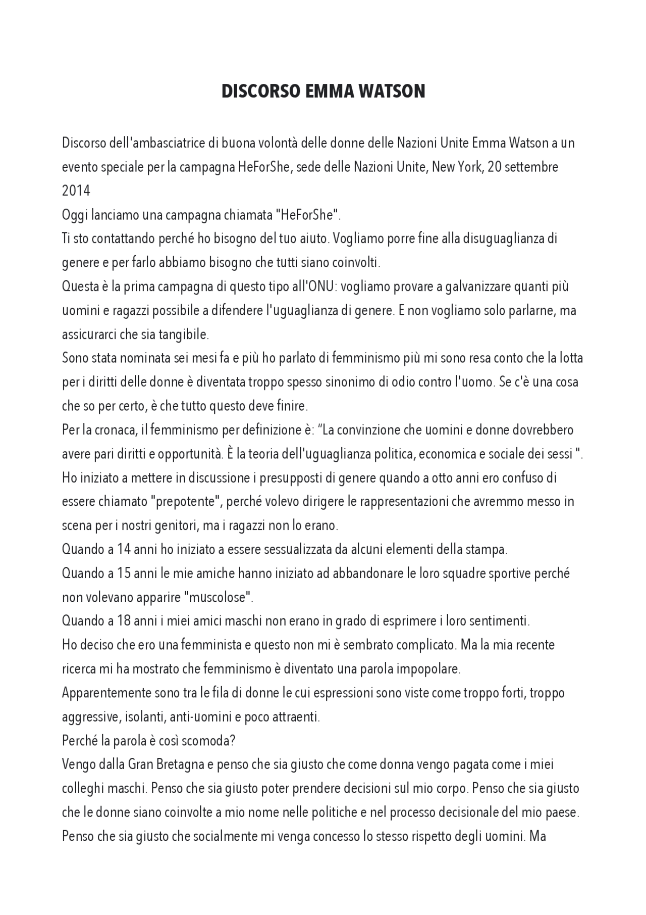Discorso Di Emma Watson Sulla Parità Dei Generi Docsity