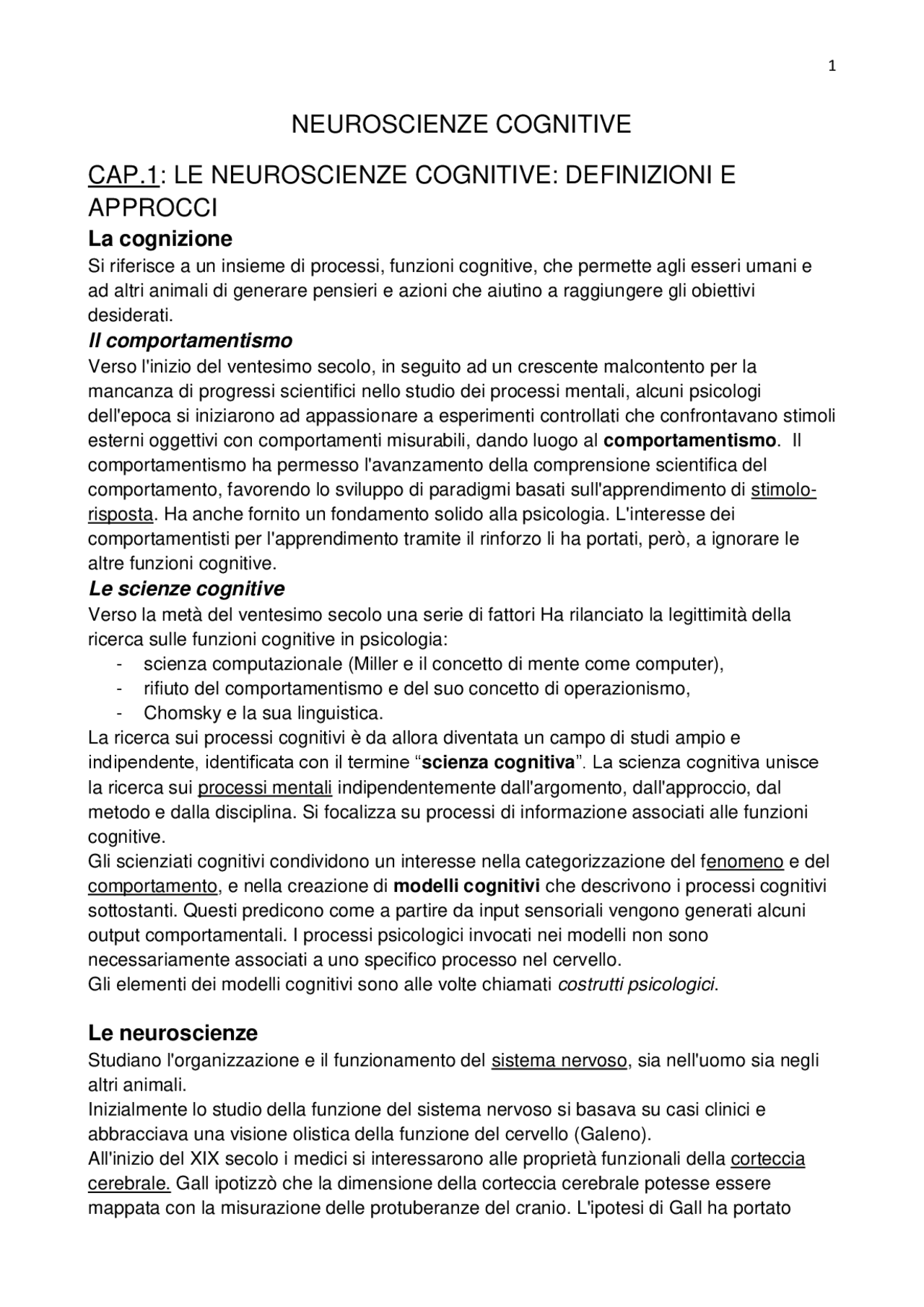 Riassunto Neuroscienze Cognitive Docsity