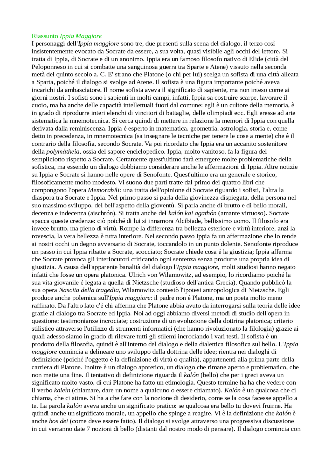 Riassunto Ippia Maggiore Di Platone Docsity