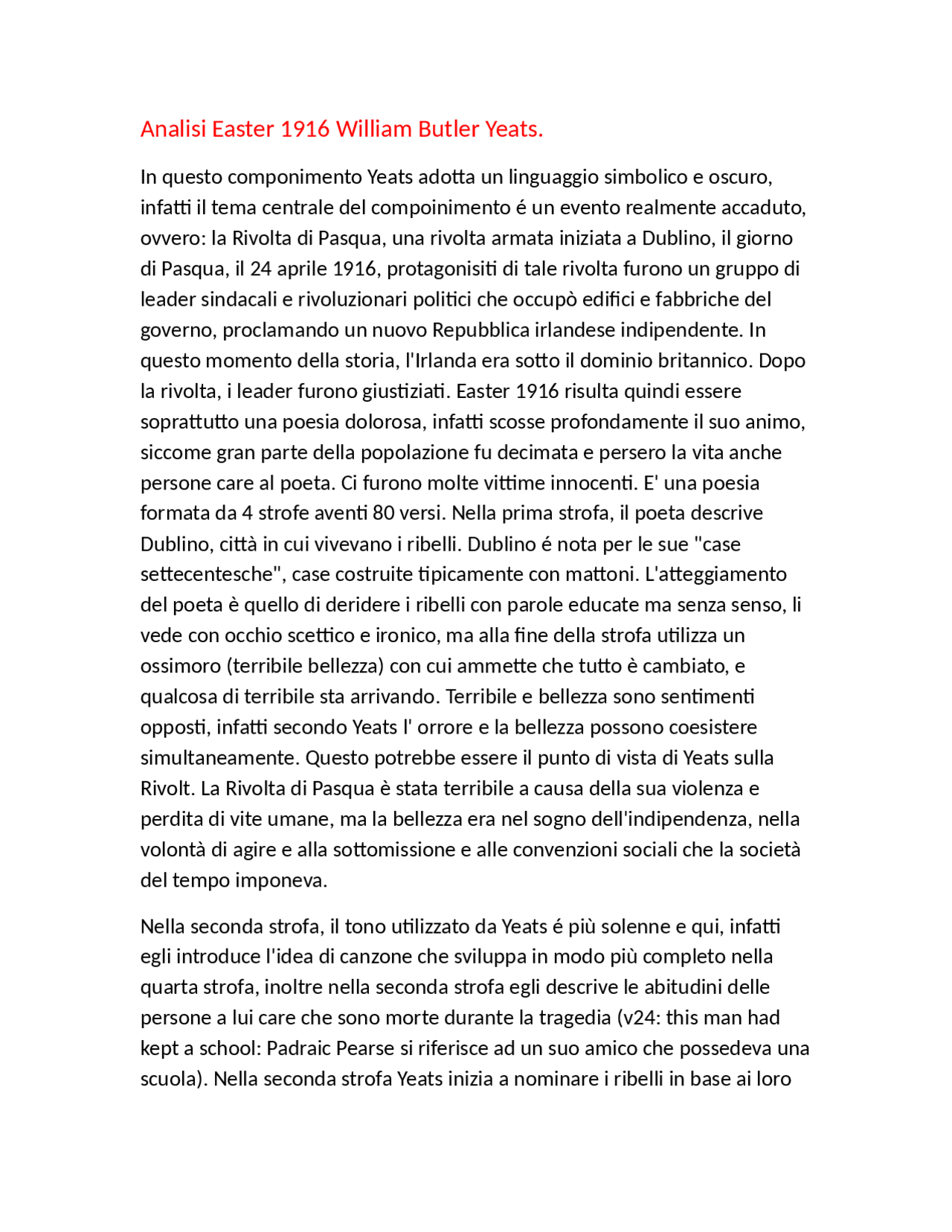 Analisi poesia Easter 1916 di William Butler Yeats | Appunti di Letteratura Inglese | Docsity