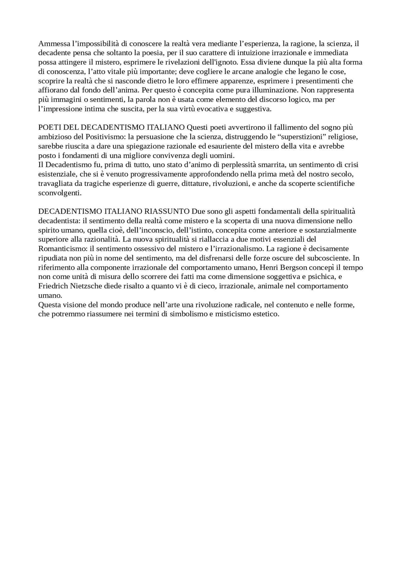 Il Decadentismo In Italiano Docsity